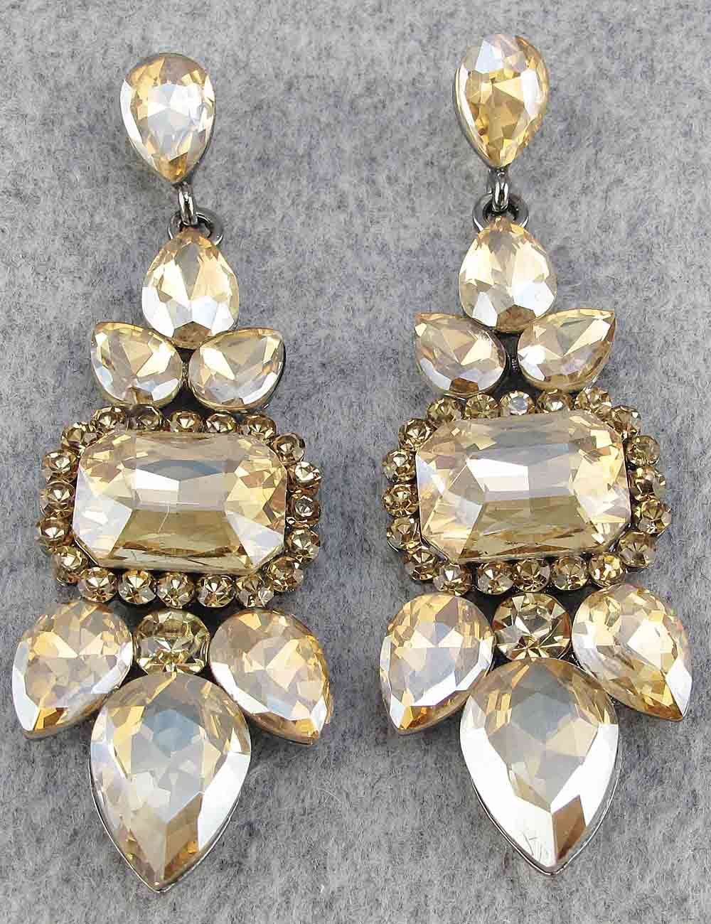 Large Art Deco Antique Vintage Style Gold Brown Amber Topaz Citrine Statement Rhinestone Earrings