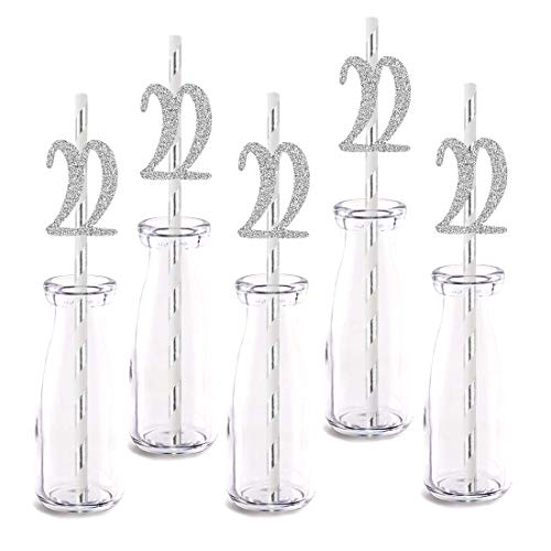 Silver Happy 22nd Birthday Straw Decor, Silver Glitter 24pcs Cut-Out Number 22 Party Drinking Decorative Straws, Supplies