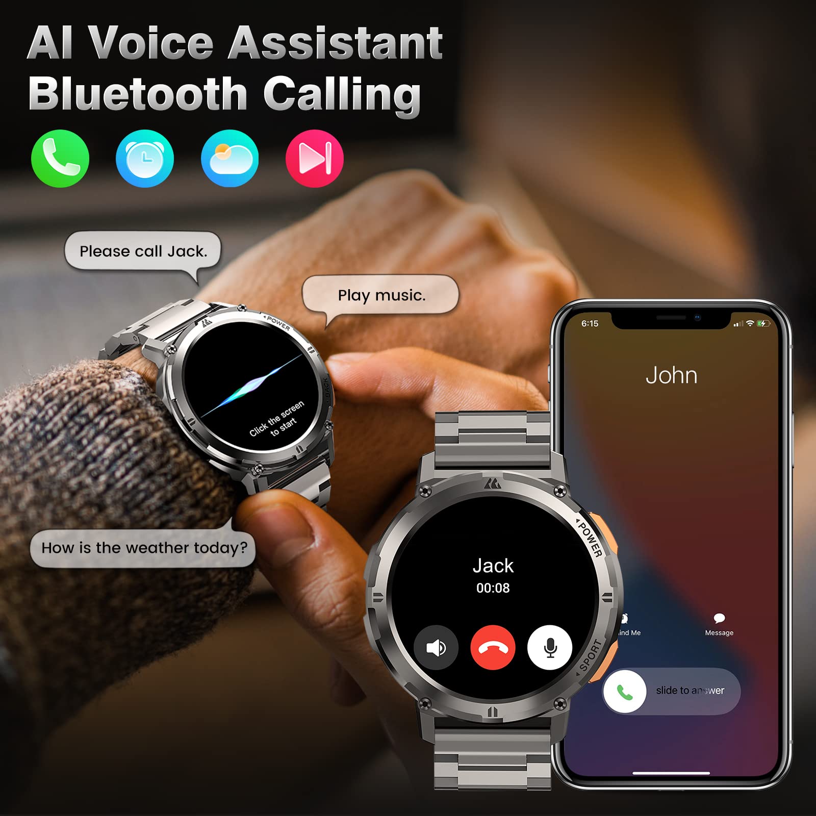KOSPET Smart Watch for Men, 60 Days Extra-Long Battery, 50M Waterproof, AI Assistant 1.43β AMOLED Always-On Display Rugged Military Smartwatch Answer/Make Call for Android iPhone, Silver(2 Straps)
