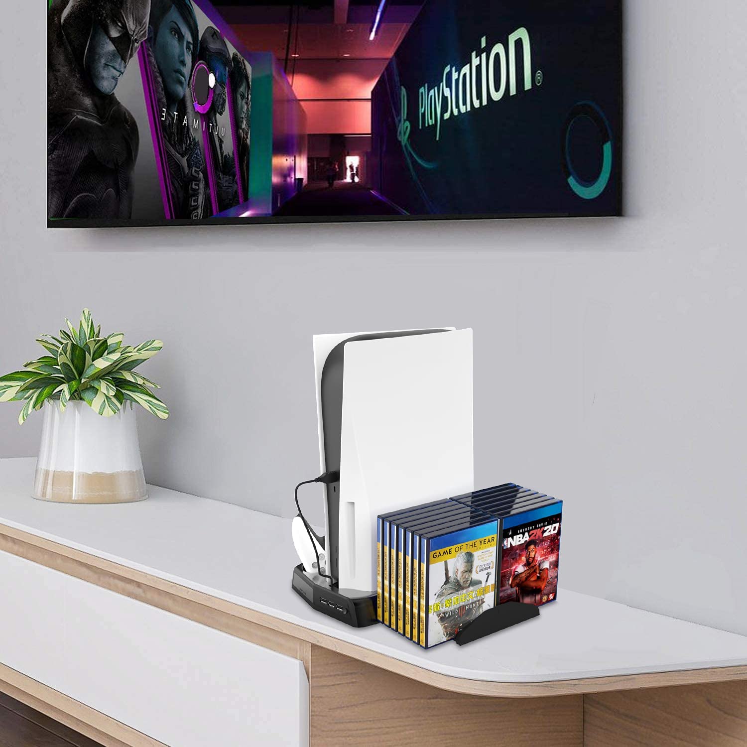 PS5 Cooling Fan Station Vertical Stand Accessories with Dual Controller Charger and 14 Retractable Game Card Storage