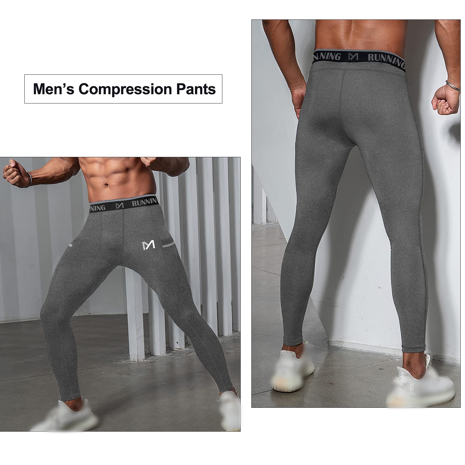 MEETYOO Men's Compression Pants with Pockets, Cool Dry Long Base Layer Underwear, Sport Workout Running Leggings Gym Tights