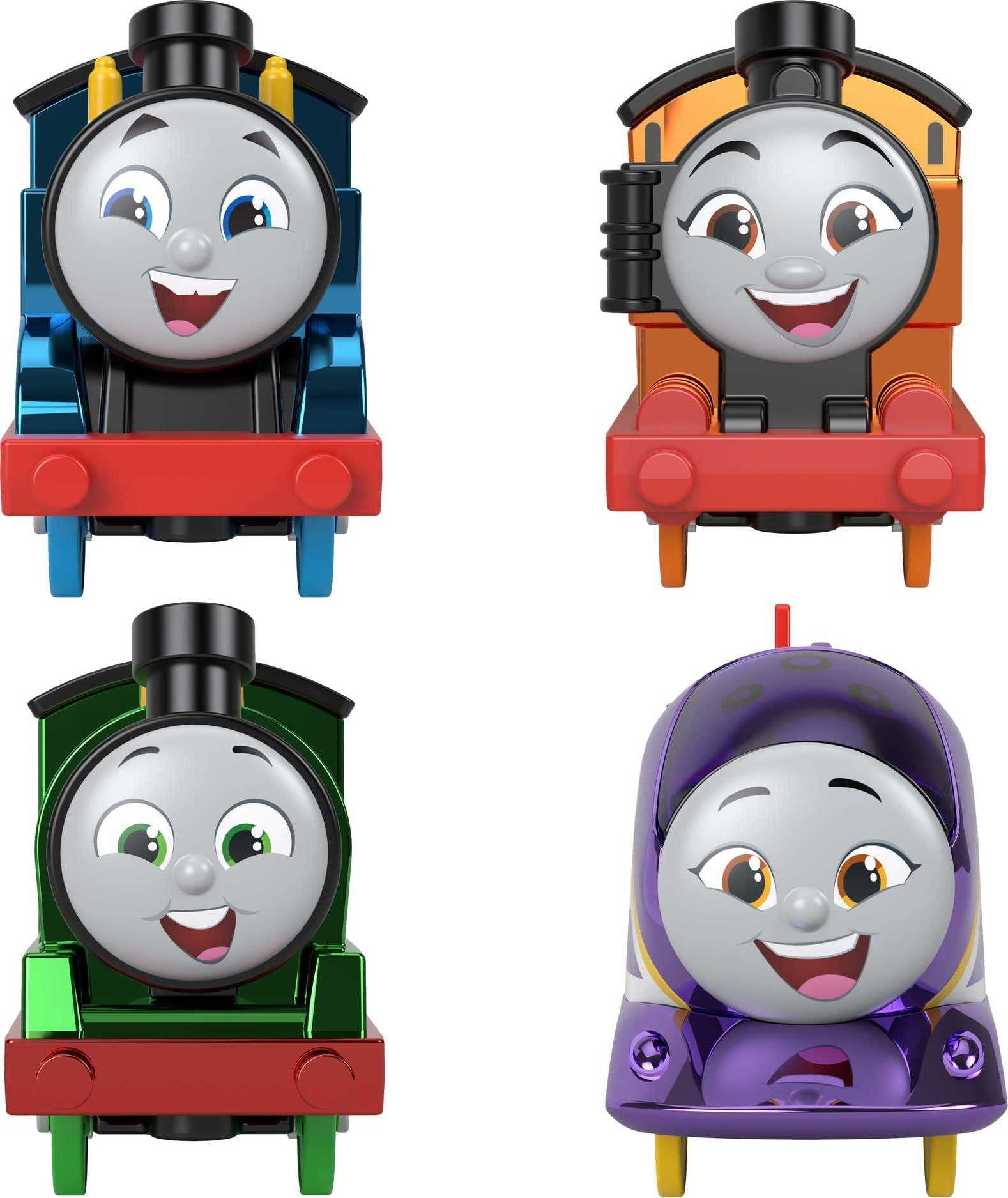 Thomas & Friends Thomas, Nia, Percy, & Kana Motorized 4-Pack Train Engine Set for Preschool Kids Ages 3 and up & Trackmaster Builder Bucket, Storage Container with 25 Train Track and Play Pieces