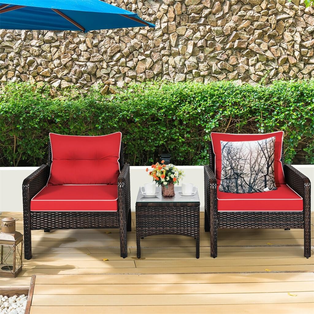 LIUJUN 3PCS Outdoor Rattan Conversation Set Patio Furniture Cushioned Sofa Chair Red
