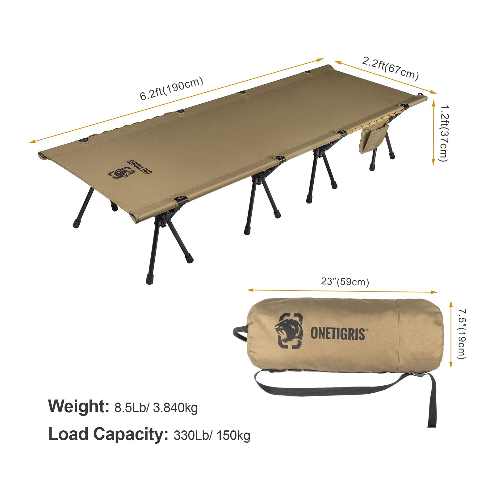 OneTigris Lightweight Camping Cot with Leg Extenders, Strong Support 330 Lbs, Durable Compact Tent Folding Bed for Adults Outdoor Overnighter Camping, Hiking, Travel, RV, Beach, Office Nap