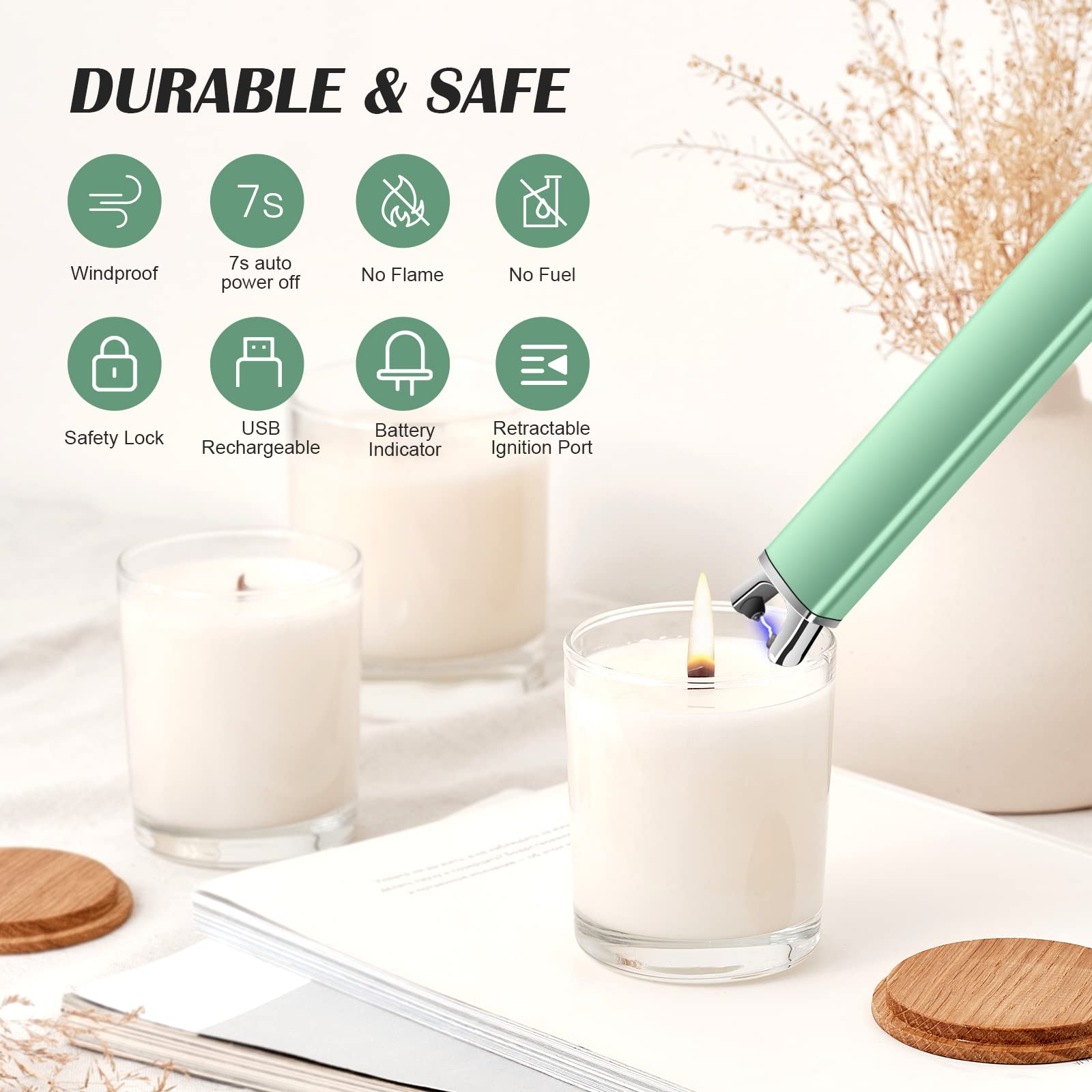 LIHTUN Candle Lighter, Windproof Electric Lighter with LED Battery Display Safety Lock, Flameless Rechargeable Lighter with Built-in USB Cable, Plasma Arc Long Lighter for Candle BBQ Camping Lighters