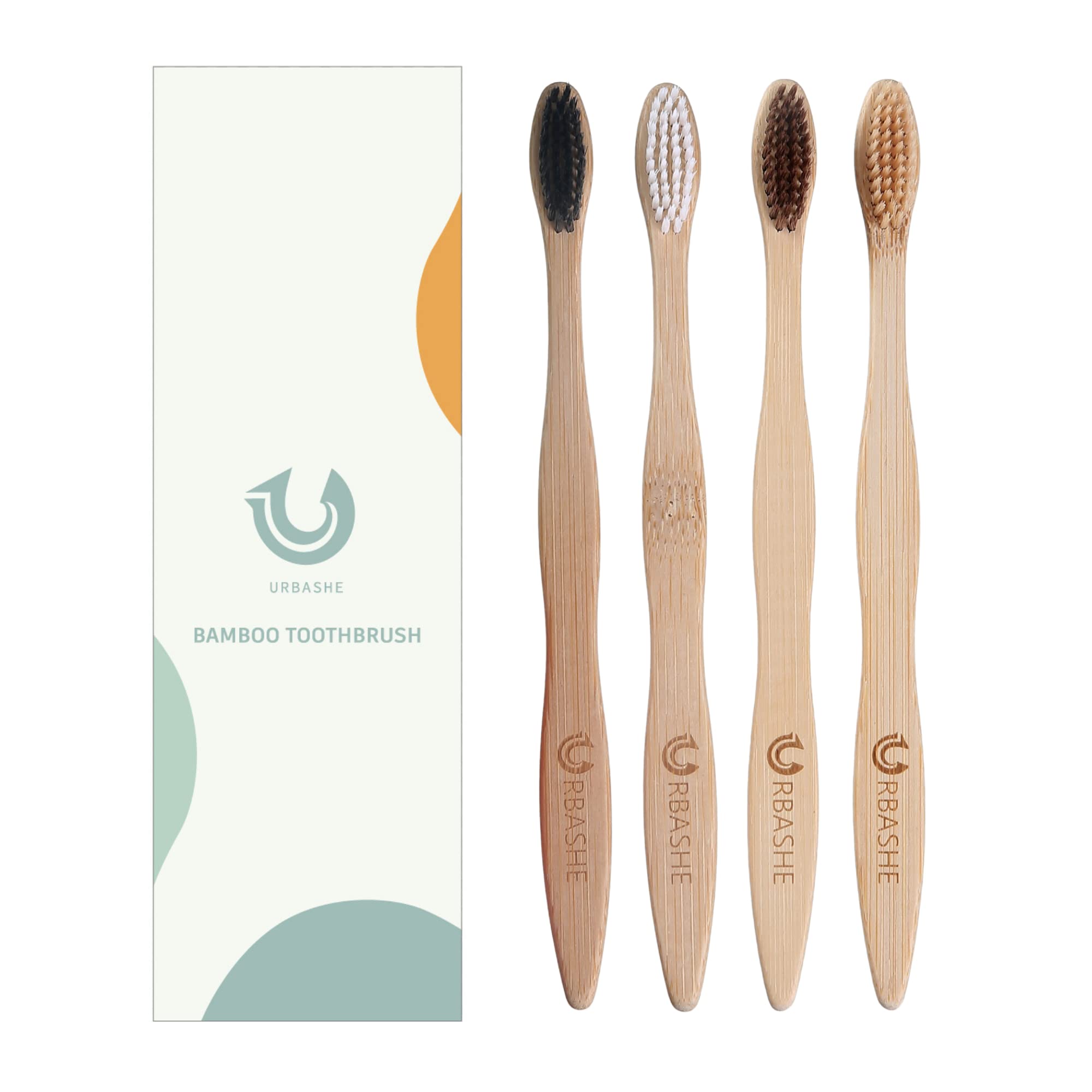 URBASHE Bamboo Toothbrushes (4 Pack) | BPA Free Soft Firm Bristles Eco-Friendly Travel Toothbrush, Natural Toothbrush Set Biodegradable, Compostable & Organic Charcoal, White,brown (BT01)