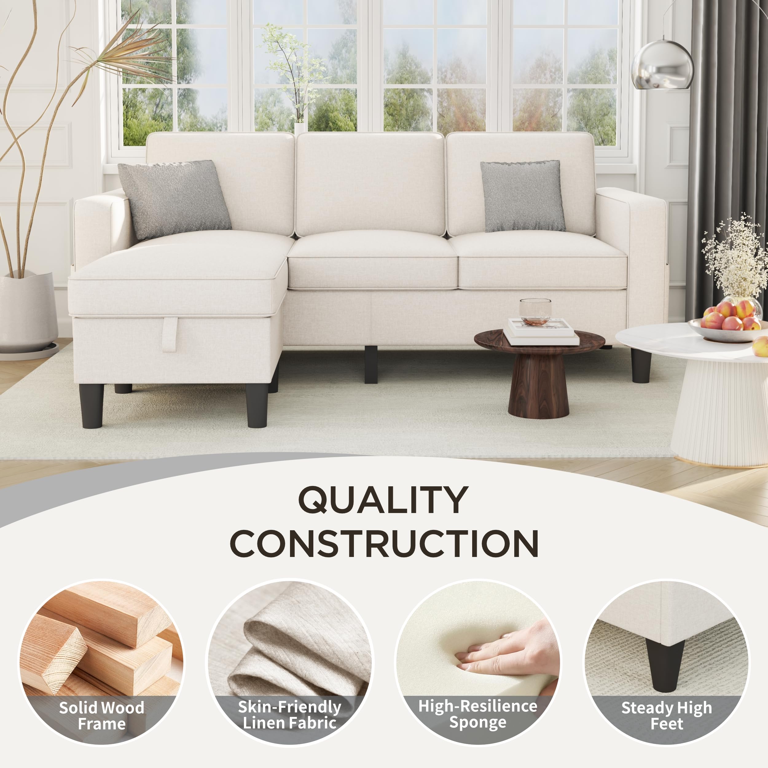 Yattem 78'' Convertible Sectional Sofa Couch:Beige L-Shaped Couches for Living Room with Reversible Chaise—3-Seat Modern Linen Sectional Couches for Living Room/Apartment/Studio/Small Space