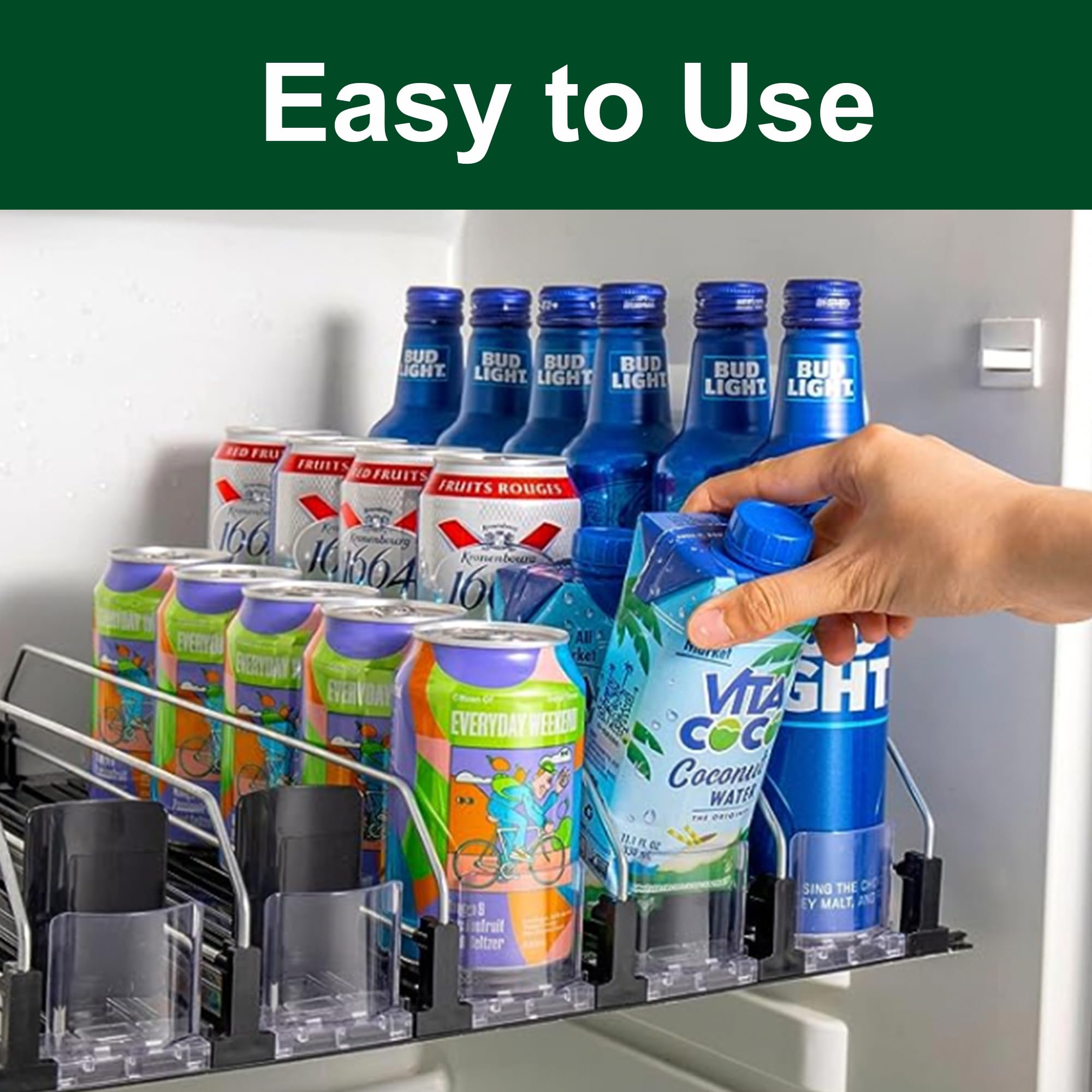 Loyareal Drink Organizer for Fridge, 12oz 16oz 20oz Soda can Dispenser for Refrigerator, Self-Pushing Drink Organizer for Fridge, and Adjustable Width, Hold 25 cans (5 Rows, 15"D)