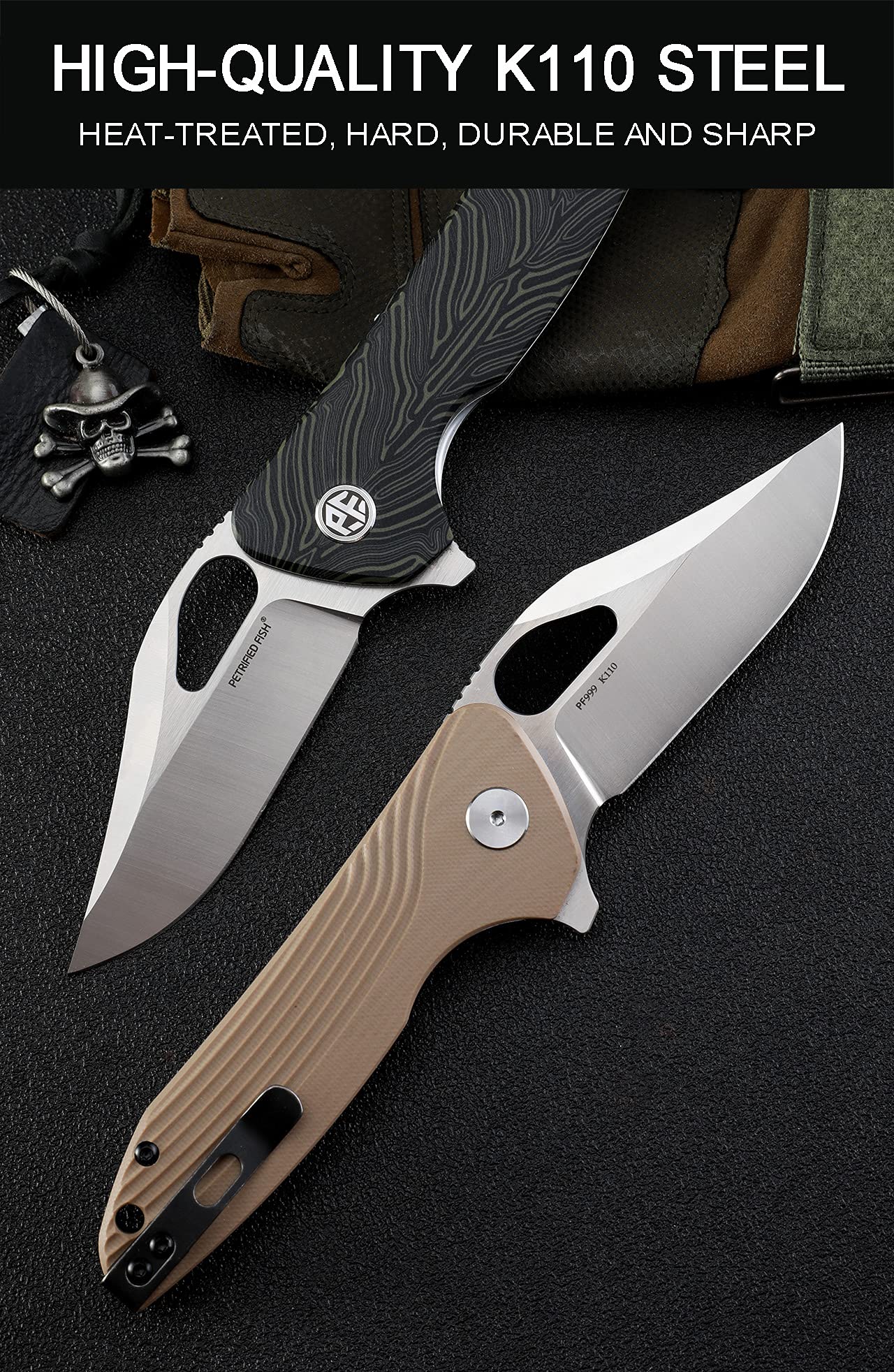 Petrified fish PF999 Original k110 steel blade folding knife ceramic ball bearing G10 handle outdoor camping hunting edc tool (Black)