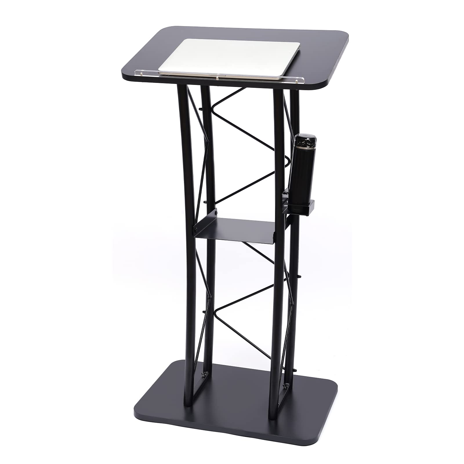 Metal Podium Pulpit with Storage Shelf and A Cup Holder,Curved Podium Metal Black Lectern Podium Stand Portable for Schools, Conference Podium,Stages,Churches,Classrooms 23.8x15.9x47inch