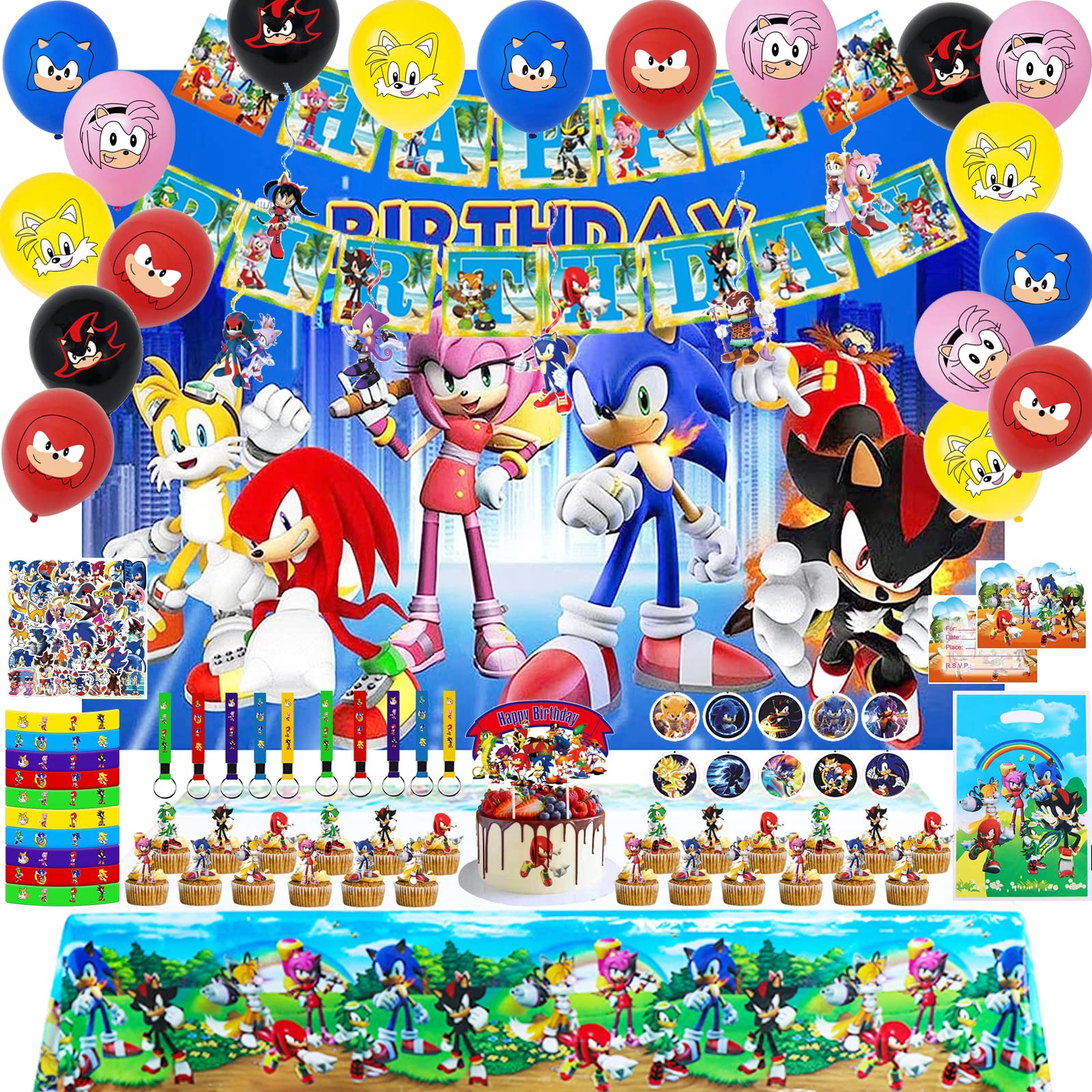 Sonic Birthday Party Supplies Party Decorations Party Favors Gift Set Include Backdrop,Bracelets,Key Chain,Button Pins,Banner, Balloons, Cake Cupcake Toppers