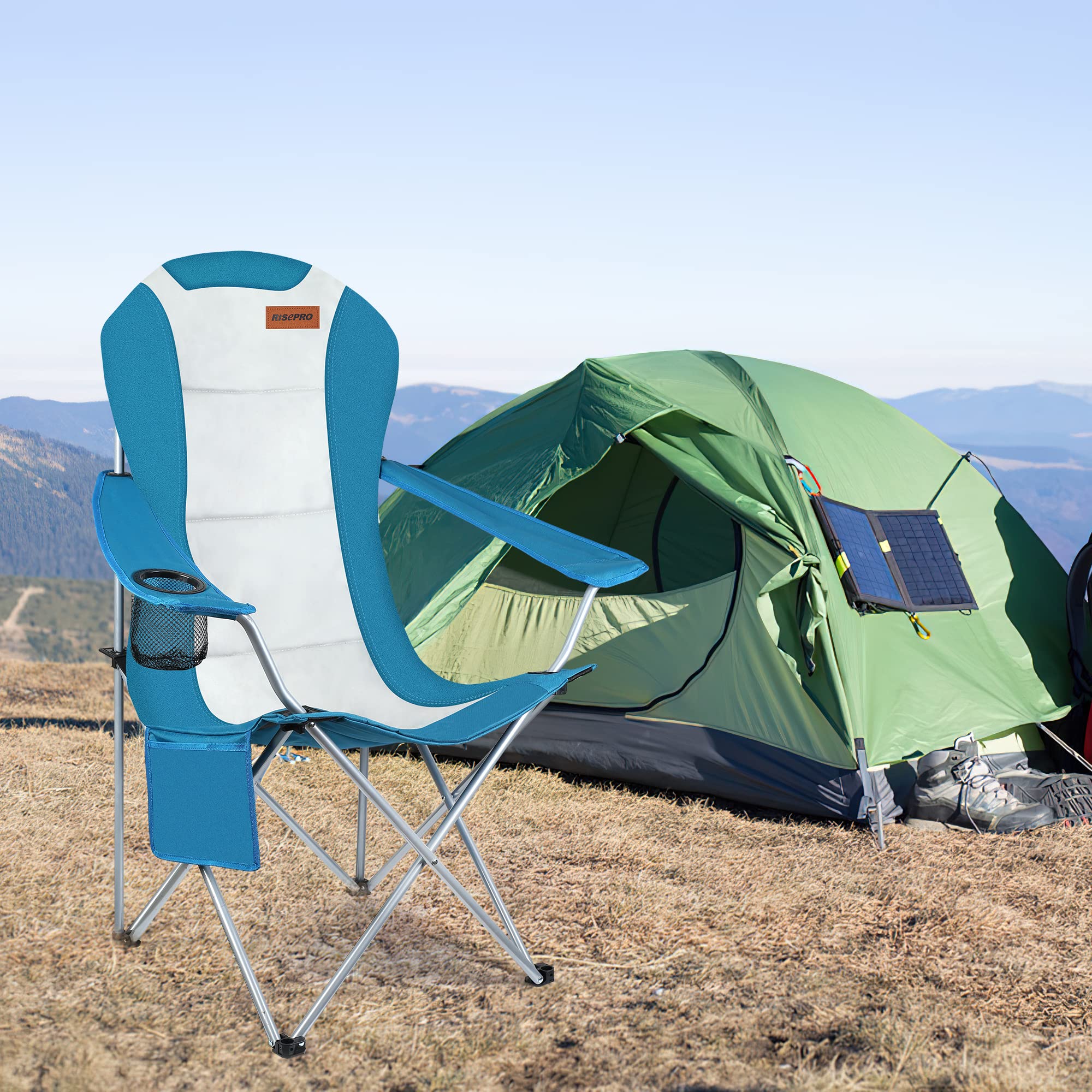 RISEPRO Oversized Camping Folding Chair Heavy Duty Support 265 LBS Heavy Duty Steel Frame Arm Chair with Cup Holder Fully Padded Back Chair Portable for Outdoor DC