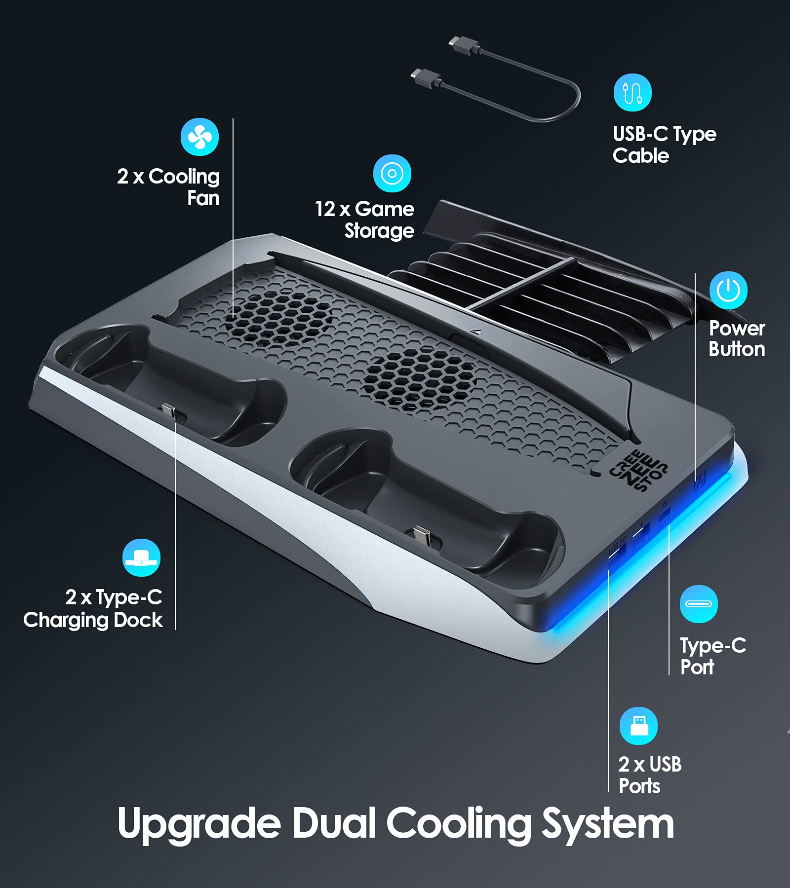PS5 Stand, CreeZeeStop Vertical Stand with Cooler Fans for PS5 Disc & Digital Editions, with Dual Controller Charger and 12 Games Slots, USB C and 2 USB Ports (USB C Cable Included)