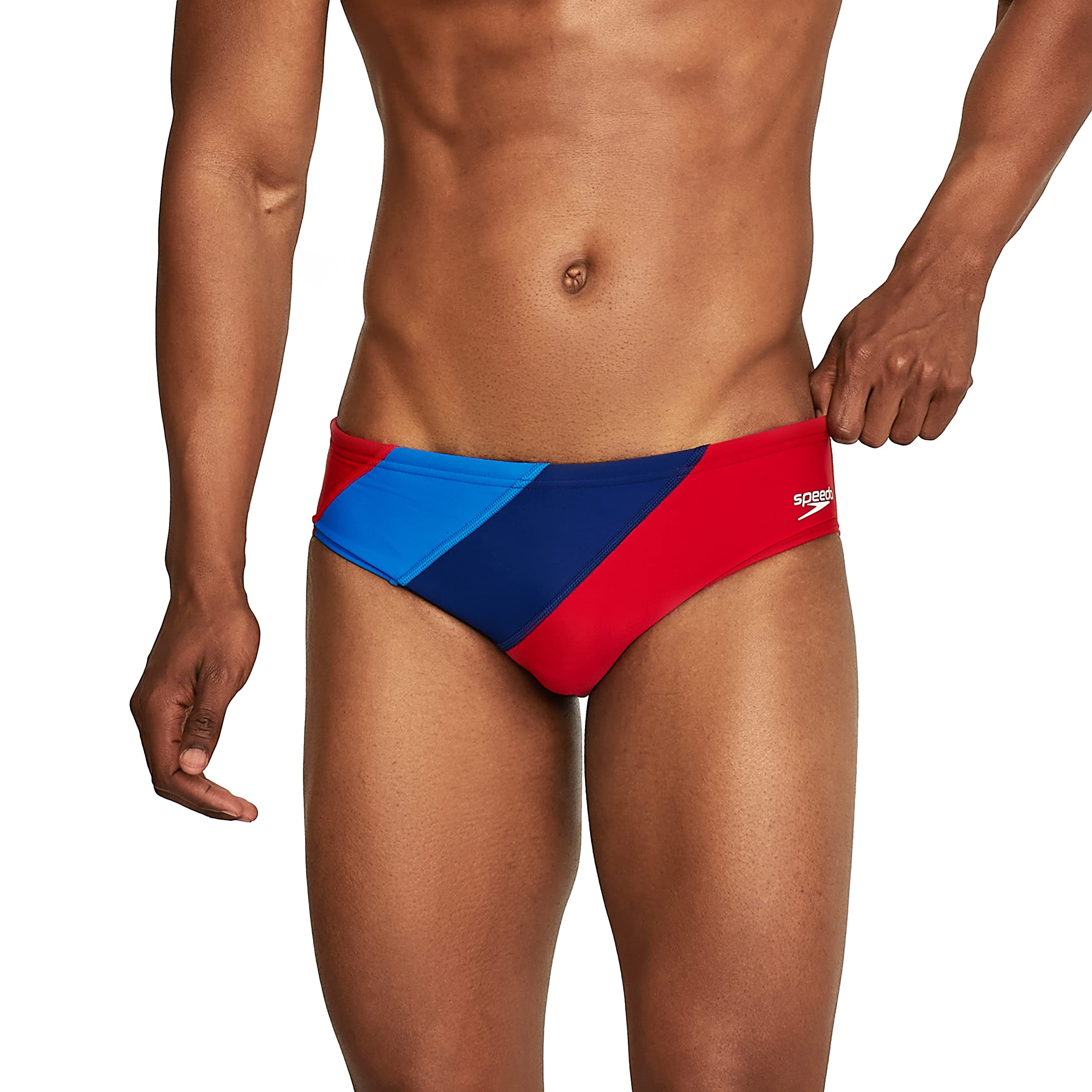 Speedo Men's Standard Swimsuit Brief PowerFlex Eco Solar, Block Red/White/Blue, 32