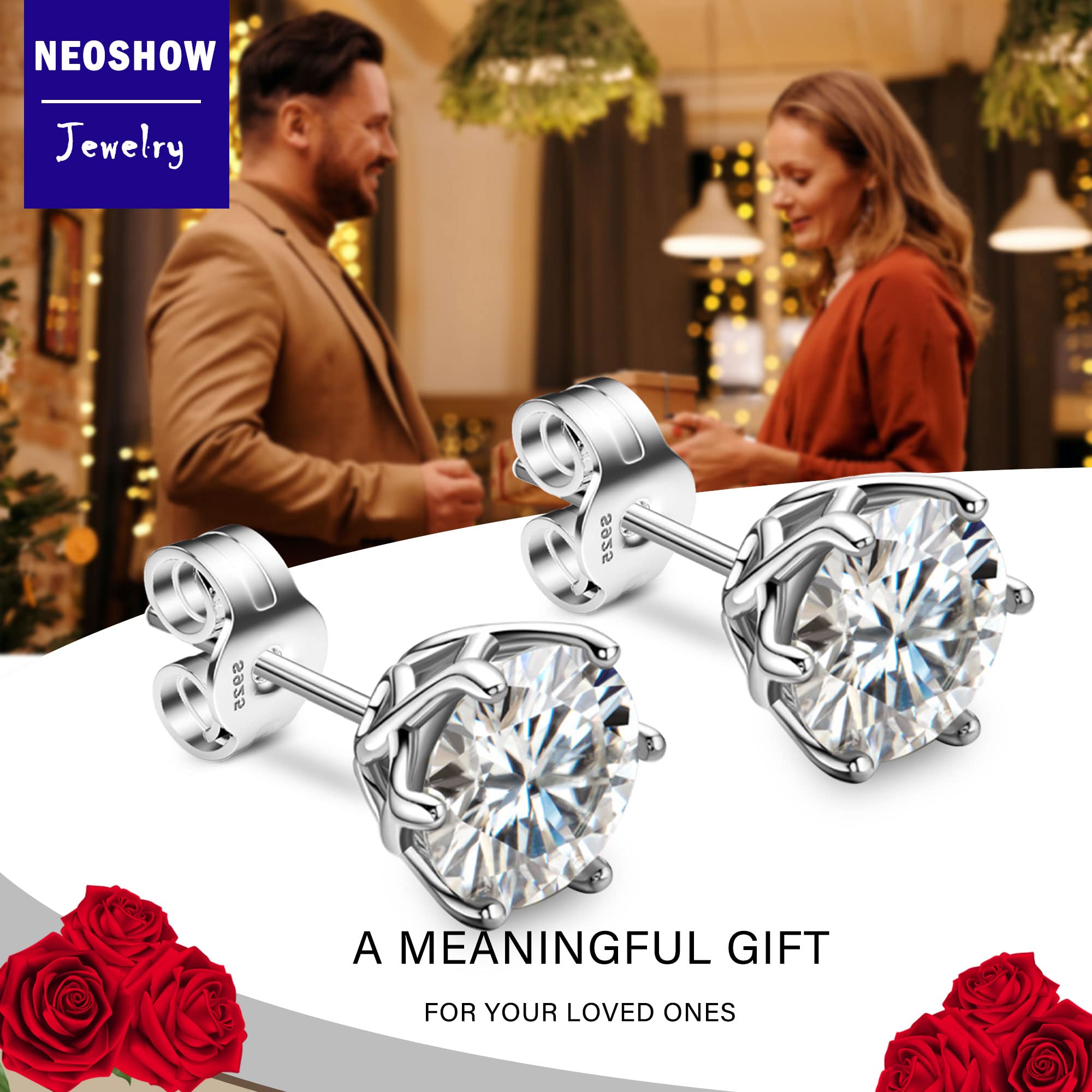 NEOSHOW 18K White Gold Plated Brilliant Cut Simulated Diamond Cubic Zirconia Sterling Silver Hypoallergenic CZ Stud Earrings for Women Men 6 Prongs Setting