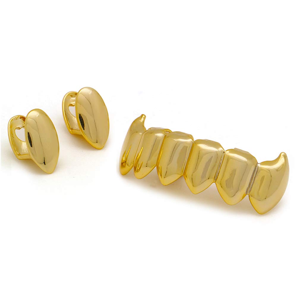 LuReen 14k Gold 2pc Vampire Fangs Single Top and 6 Shiny Bottom Grills Teeth Combo