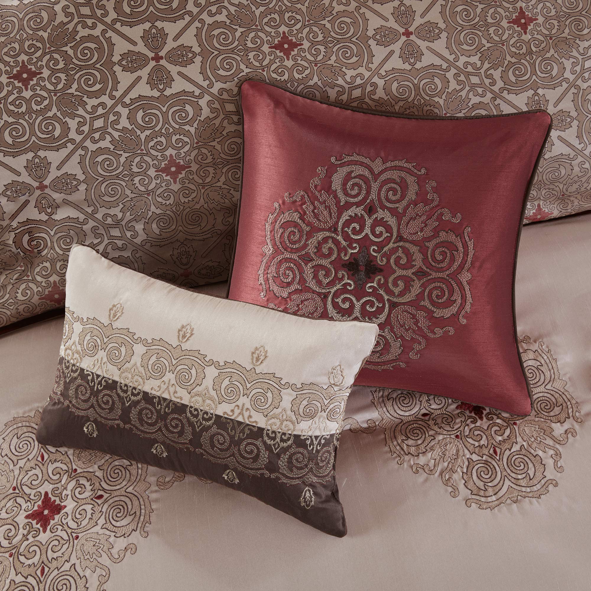 Madison Park Essentials Delaney 24-Piece Room In A Bag Comforter Set-Satin Jacquard, All Season Luxury Bedding, Sheets, decorative pillows and Curtains, Valance, Cal King(104"x92"), Medallion Red