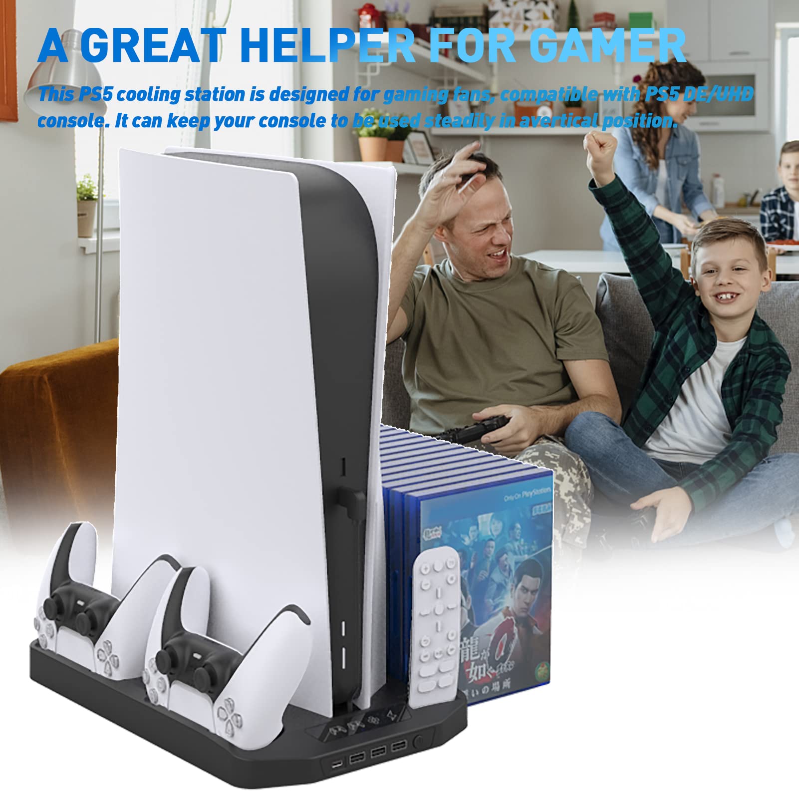 PS5 Vertical Stand Cooling Fan Charging Station with 3 USB HUB for Playstation 5 Controller Indicator Lamps Console Station and Dual PS5 Joystick Charging Dock Accessories 16 Game Storage