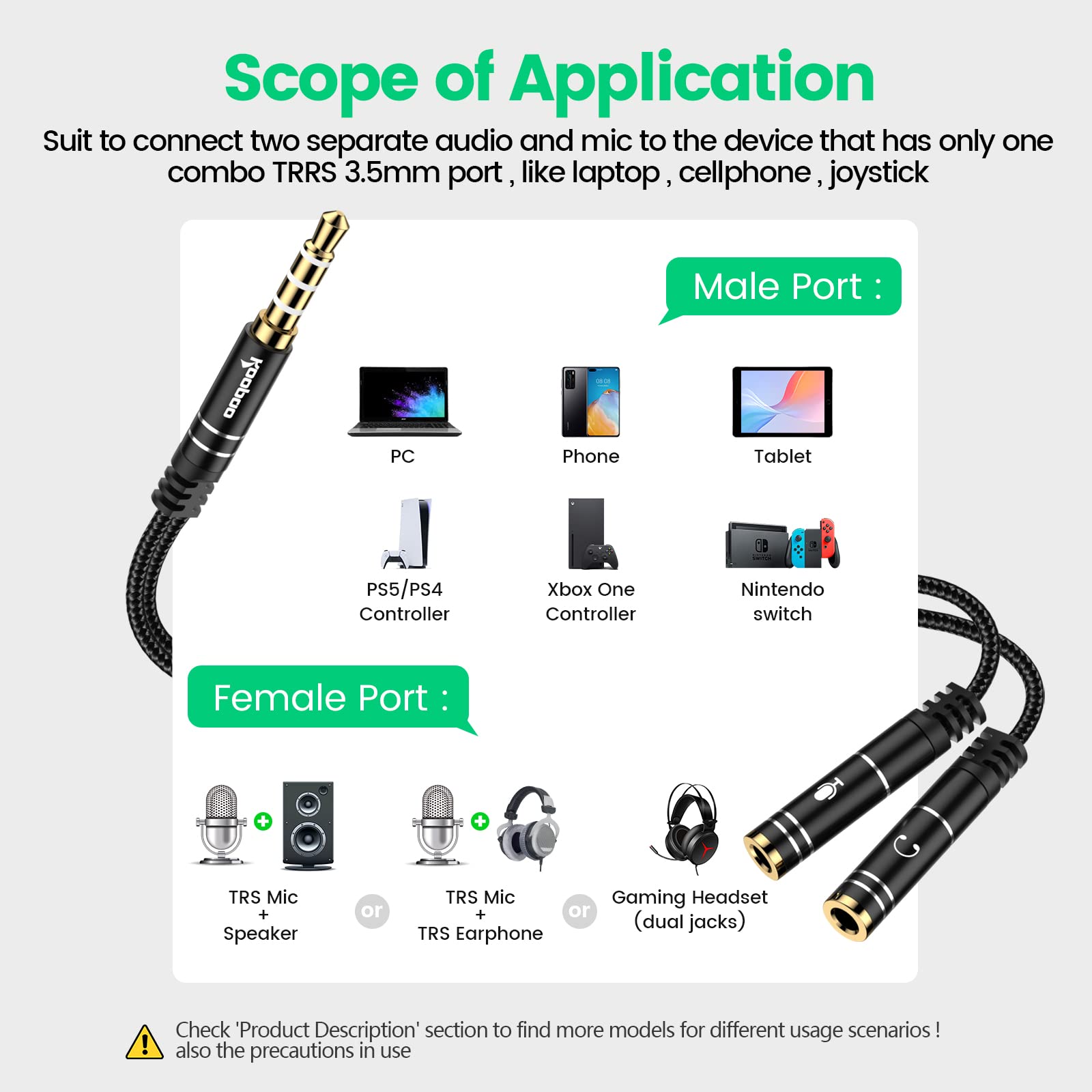 KOOPAO 3.5mm Mic and Headphone TRRS Splitter, Microphone and Audio Combo Headset Adapter, Compatible with PS4, PS5, Xbox One S, Nintendo Switch, Cellphone, Laptop, PC, Dual Jack Headsets, (Braided)