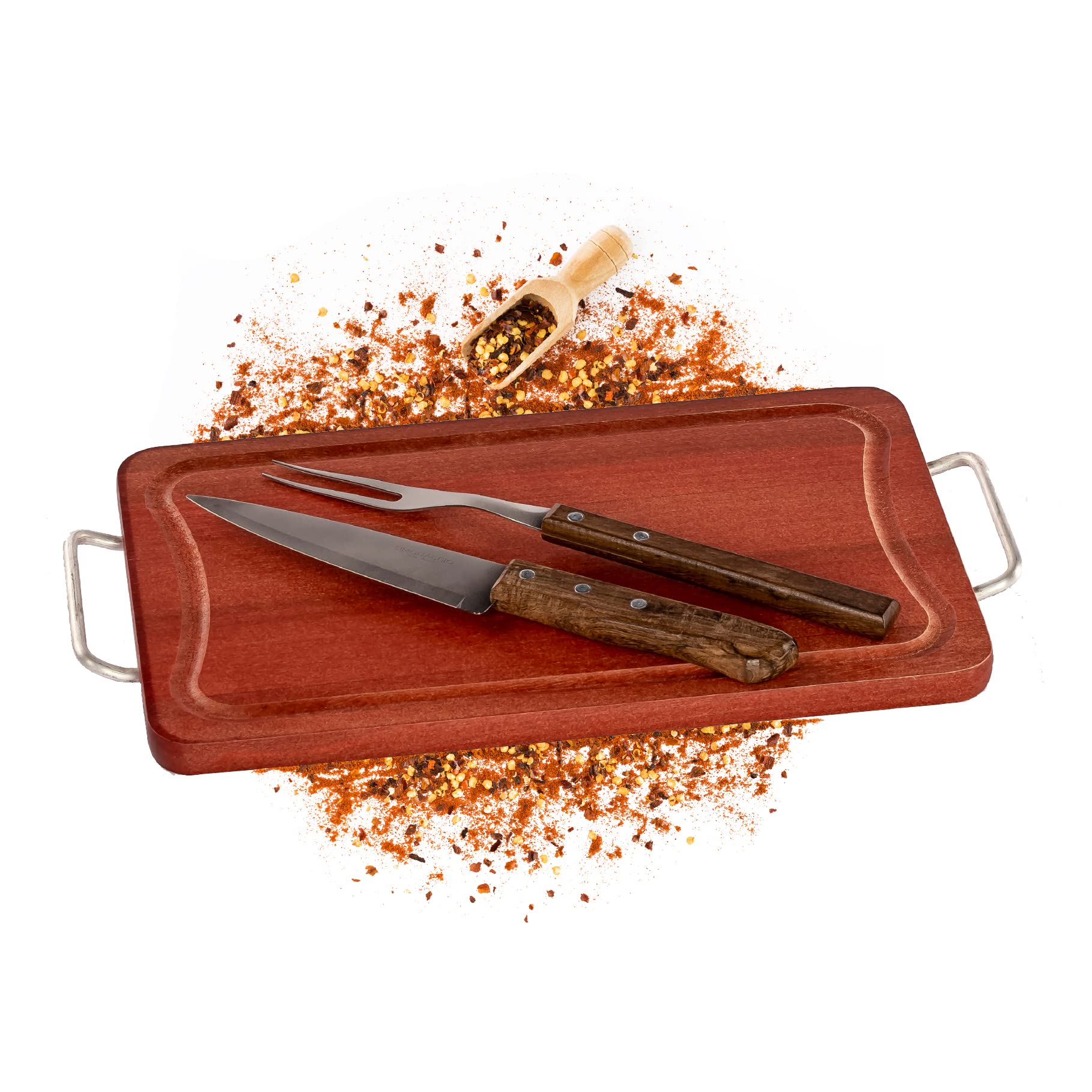 Meistar Premium Wooden Cutting Board with Stylish Metallic Handles - Includes BBQ Stainless Steel Knife and Fork Set (Medium)