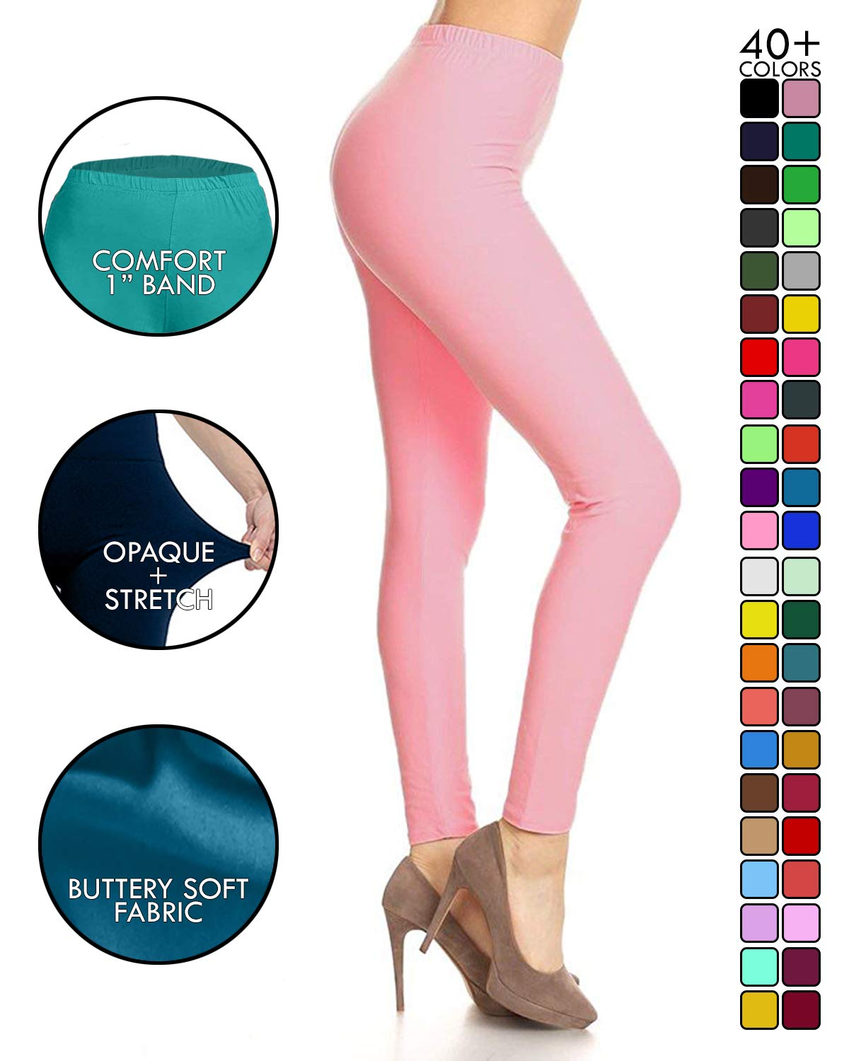 Leggings Depot Womens 1" Waistband High Waisted Solid Leggings Pants (Full Length, Pink, 1X-3X)