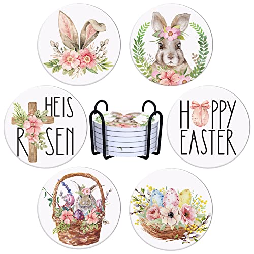 Whaline 6Pcs Easter Ceramic Coaster Set Easter Bunny Egg Flowers Drink Coasters with Black Coaster Holder Watercolor Absorbent Coasters for Easter Spring Home Decor Table Protection Housewarming Gift