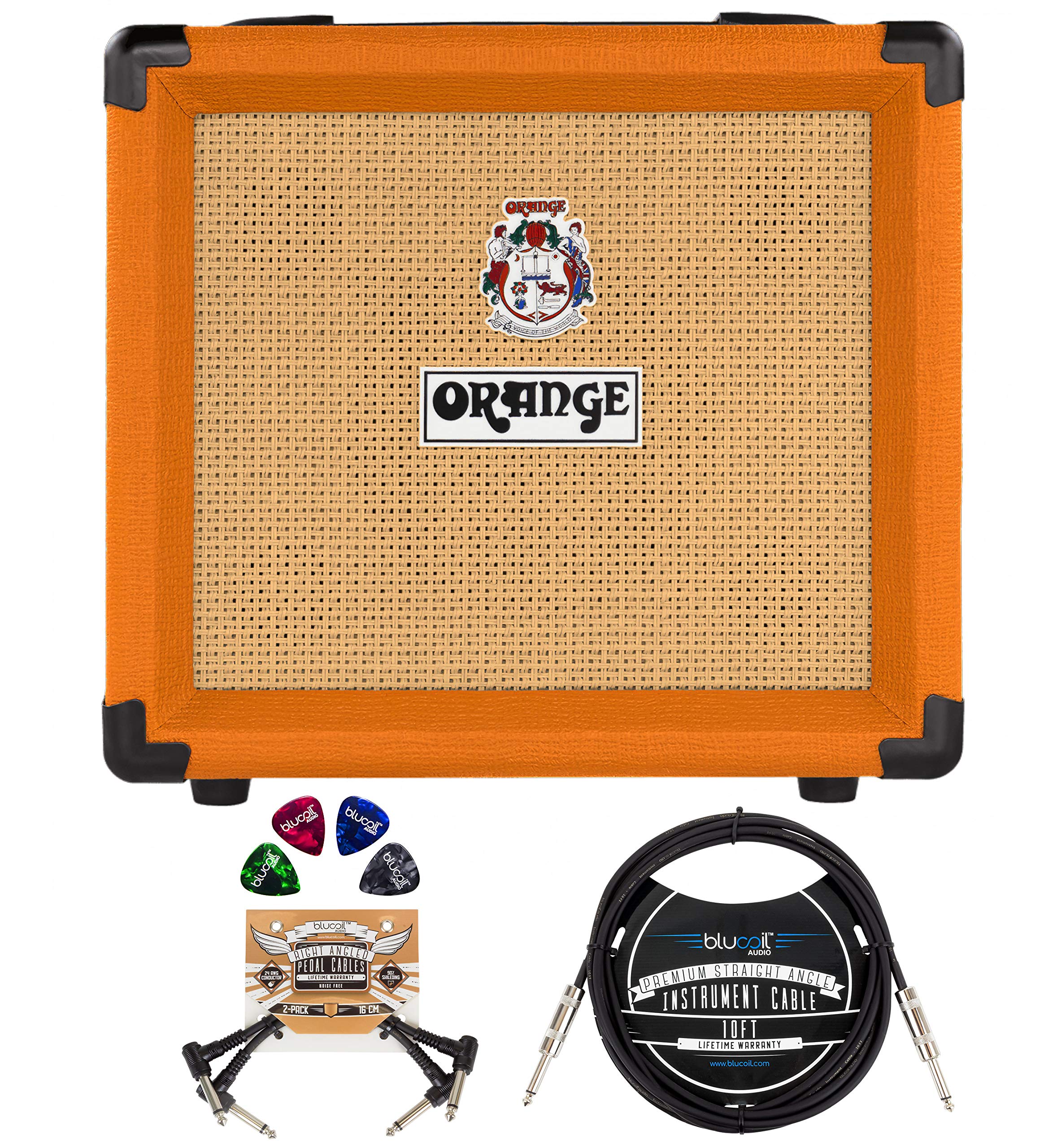Orange Amplifiers Crush12 12W 1x6 Guitar Combo Amp (Orange) Bundle with Blucoil 10' Straight Instrument Cable (1/4"), 2-Pack of Pedal Patch Cables, and 4-Pack of Celluloid Guitar Picks