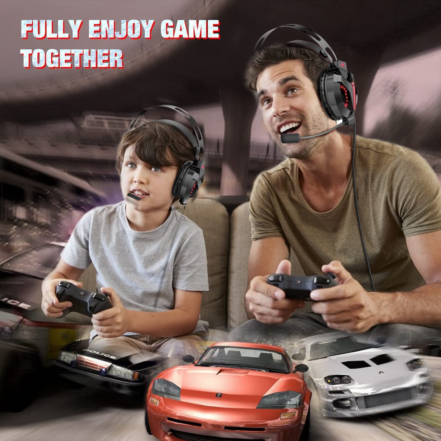 ONIGAL Gaming Headset with Microphone for Mac, PC Gaming Headphones Double Head Beam Suspended Soft Soft Memory Earmuffs, 7.1 Surround Sound Wired Headset LED Light for PS5, PC, PS4, Mac, Laptop