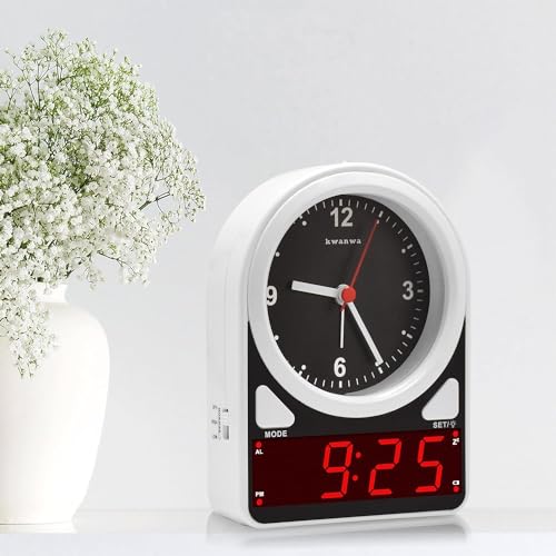 KWANWA Alarm Clock, Analog Clock & LED Digital Clock, Light Sensor LED Clock, Snooze, 12Hr, Alarm Clock for Bedroom, Living Room, Bookshelf, Kids, Elderly, Easy to Set, White