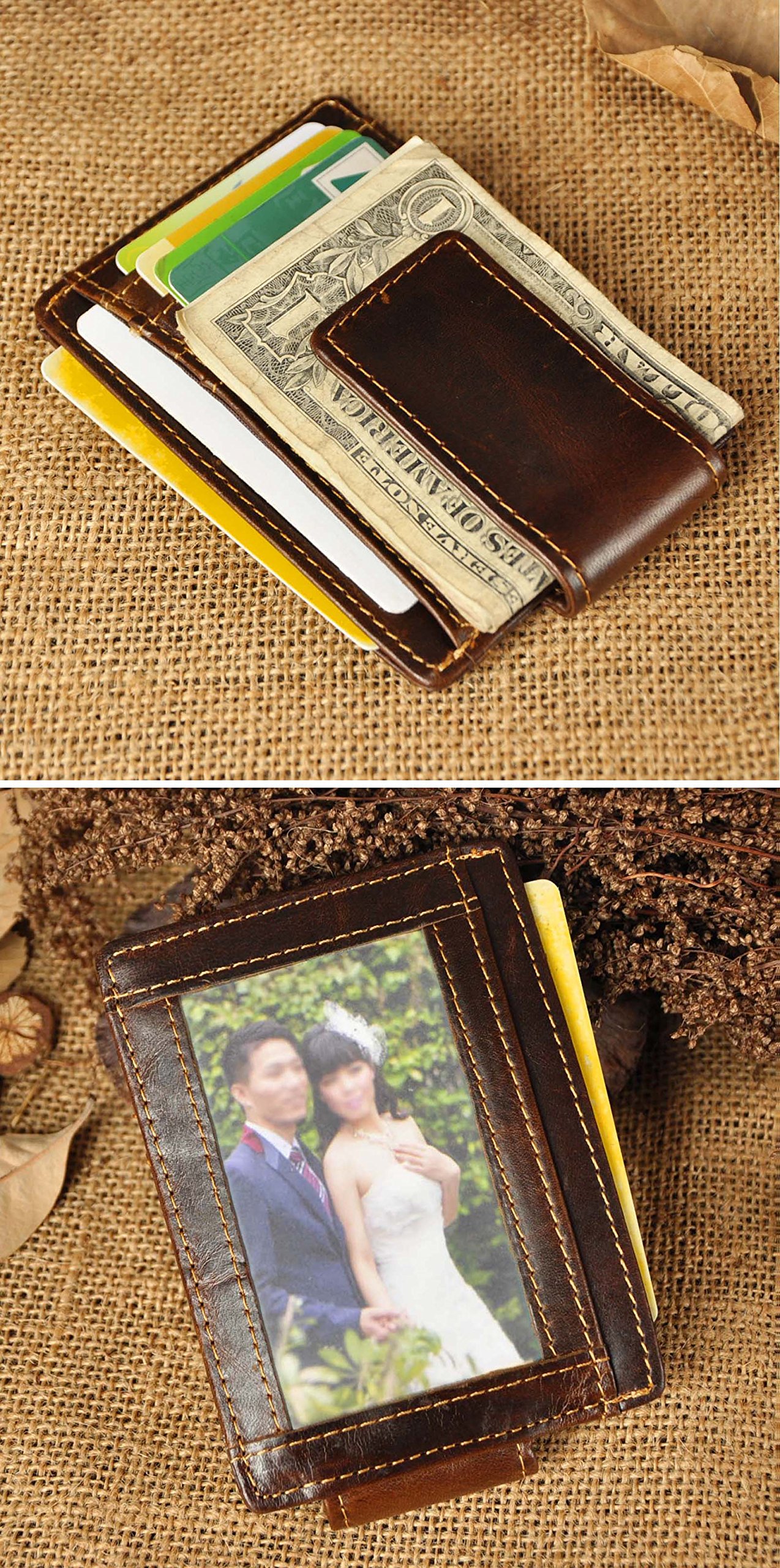 Le'aokuu Genuine Leather Magnet Money Clip Credit Card Case Holder Slim Handy Wallet (Light Brown 2)