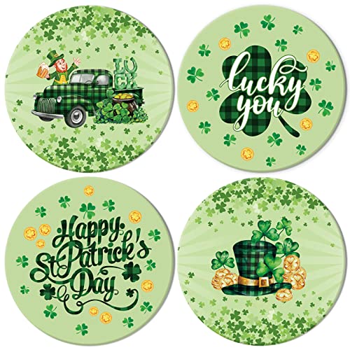 Whaline St. Patrick's Day Coaster 4Pcs Watercolor Green Lucky Shamrock Truck Hat Drink Coaster Irish Ceramic Coaster Cup Mat for Mugs Cups Home Kitchen Party Supplies, 4.1 x 4.1 x 0.3 Inch