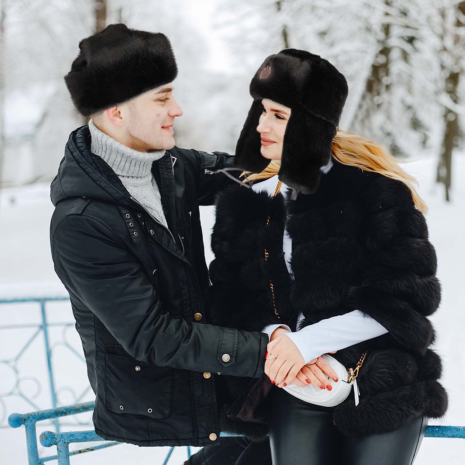 SATINIOR 2 Pieces Russian Hat Ushanka Hat Faux Fur Cap Cossack Trapper Hat Black Beanie Flaps Hat with Badge for Men