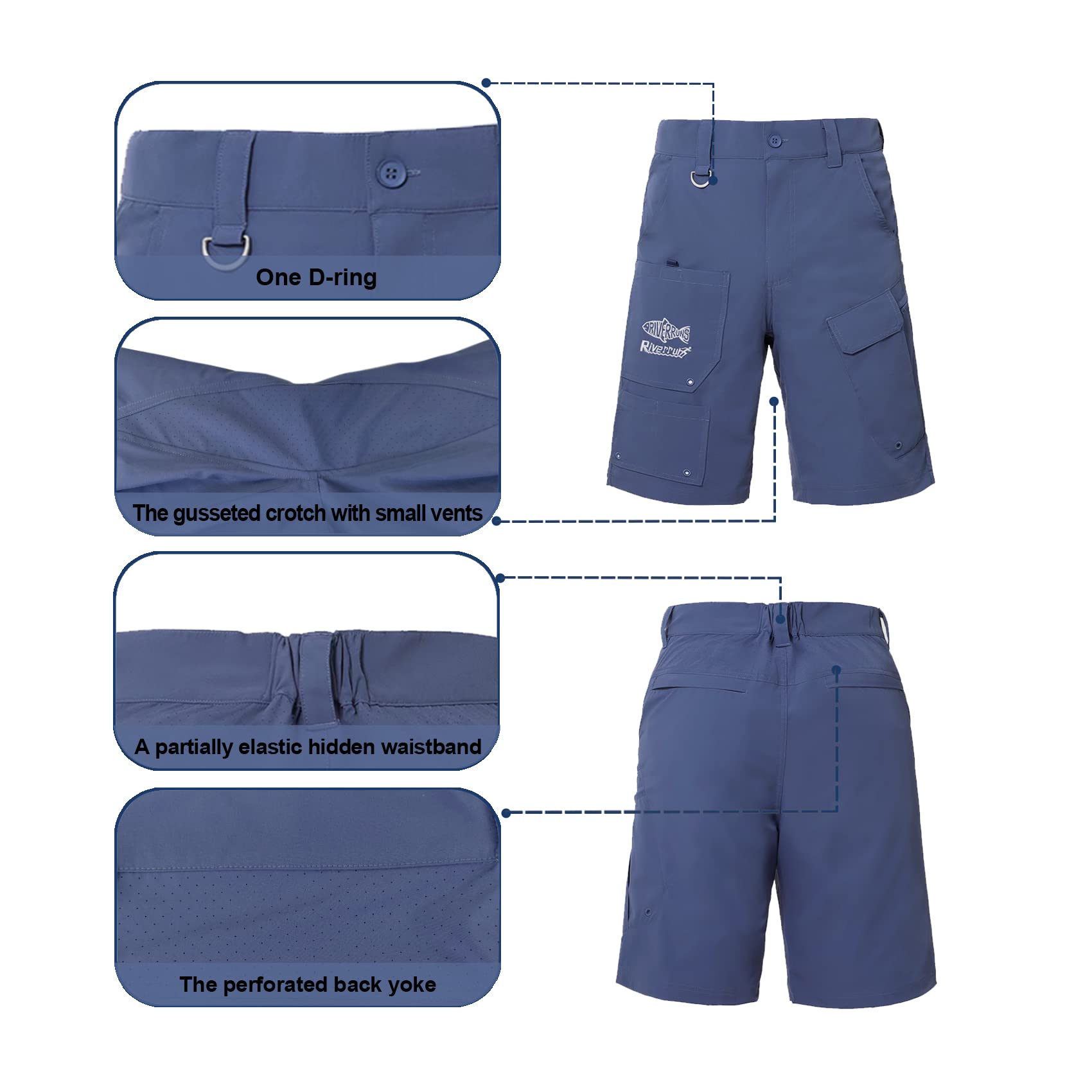 Riverruns 9 Pockets Performance Fishing Shorts, Water-Repellant Cargo Short, Breathable UPF 50+ Hiking Shorts Khaki