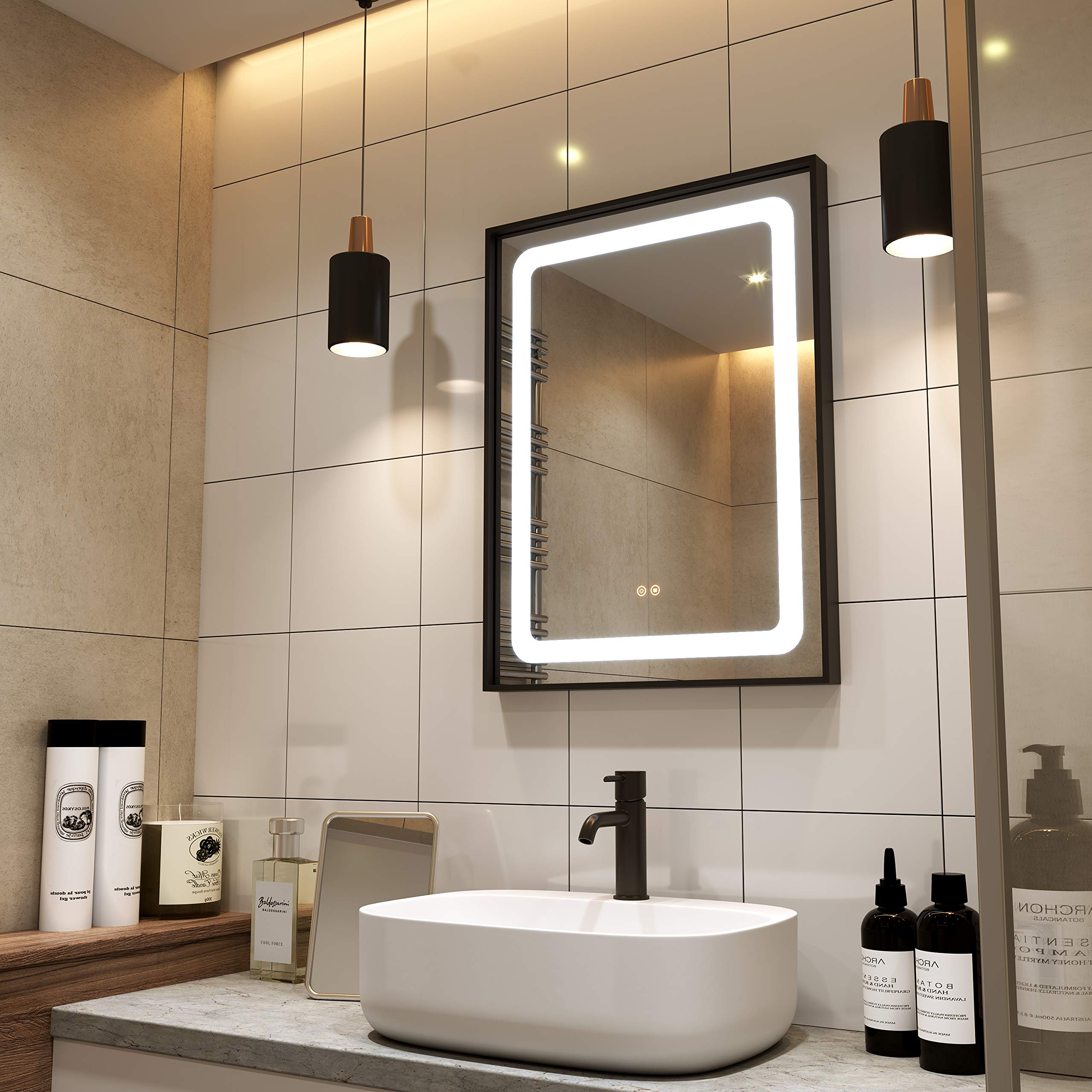 Petus PetusHouse 20 X 28 Inch LED Lighted Bathroom Mirrors, Black Frame Wall Mounted White Light Dimmable Defogger Memory Button Waterproof CRI>90, Vertical