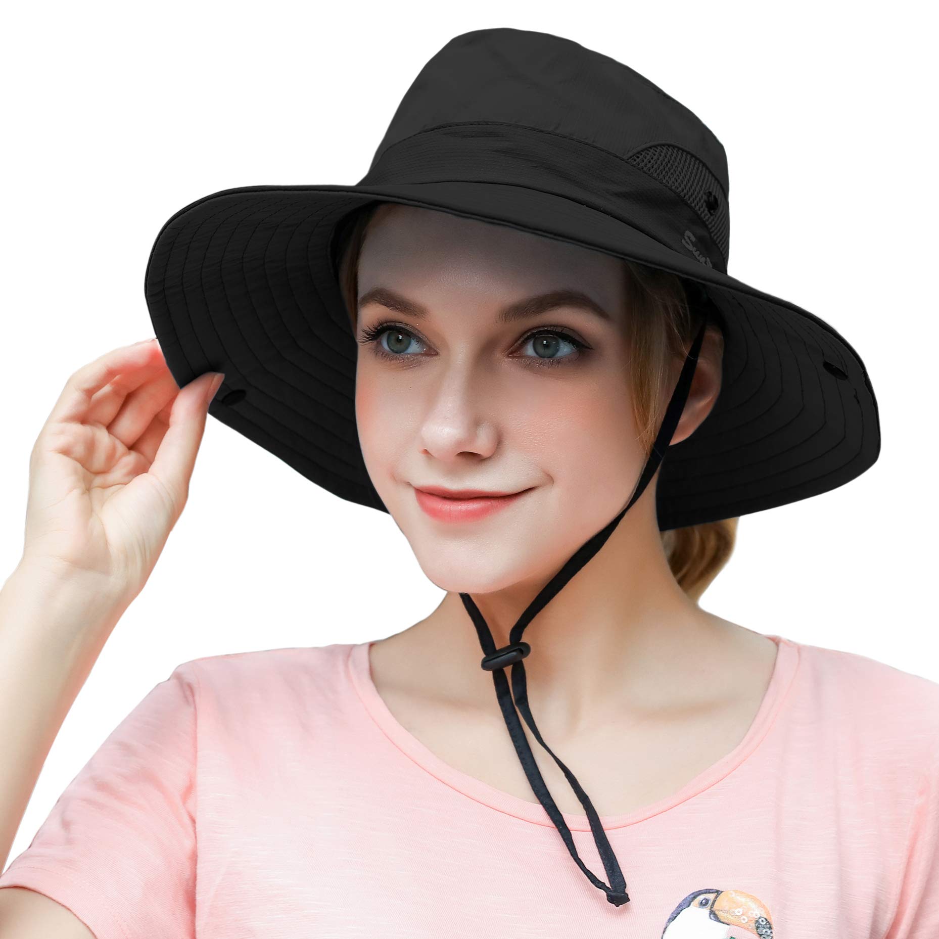 Muryobao Womens Outdoor Sun Hat Ponytail UV Protection Wide Brim Mesh Foldable Safari Beach Fishing Bucket Cap 2 Pack Black & Grey