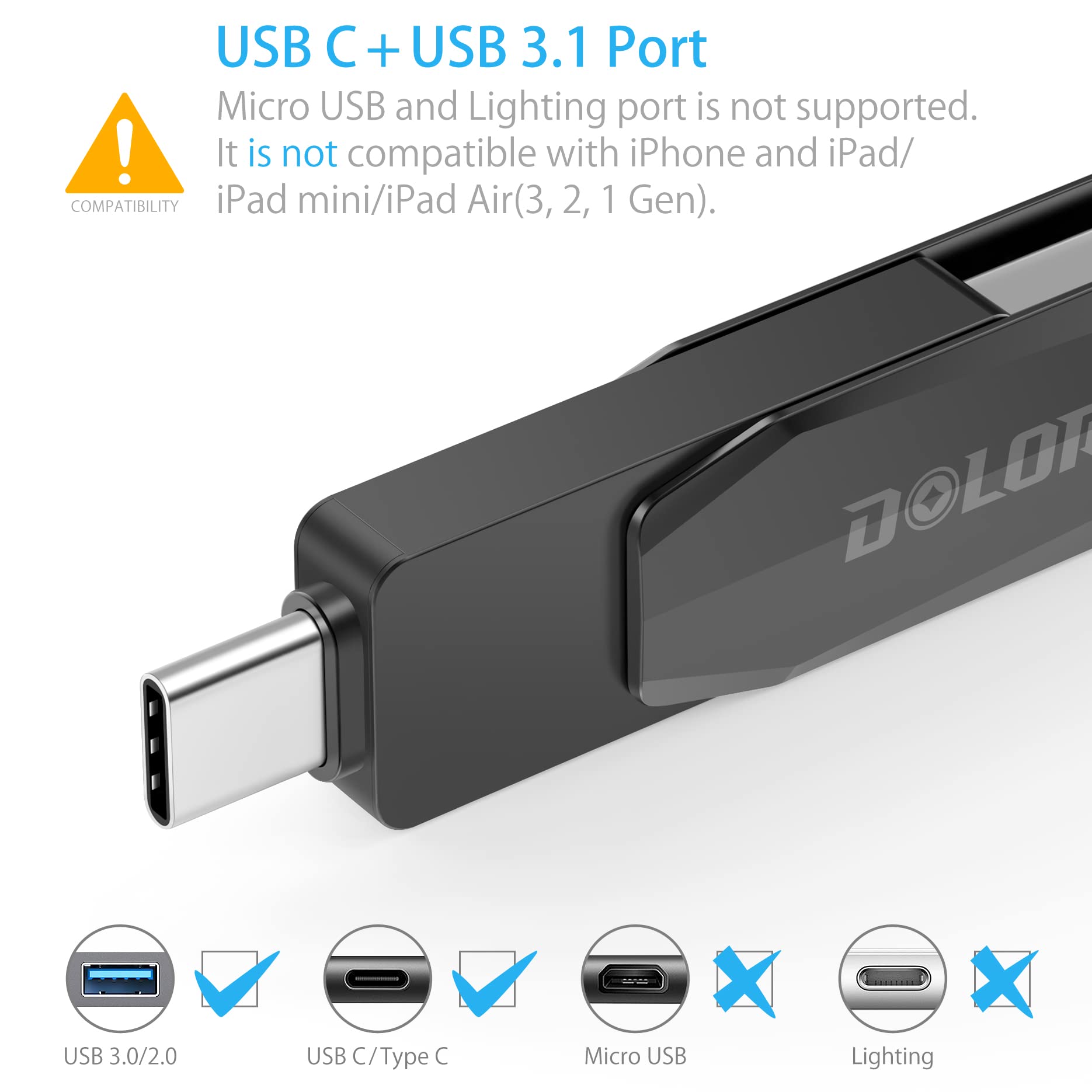 USB C Flash Drive, Dolomy 64GB USB C Thumb Drive, 2 in 1 OTG USB 3.1 Metal USB C Memory Stick Compatible with MacBook Pro Air, Type C Smartphones, Tablets