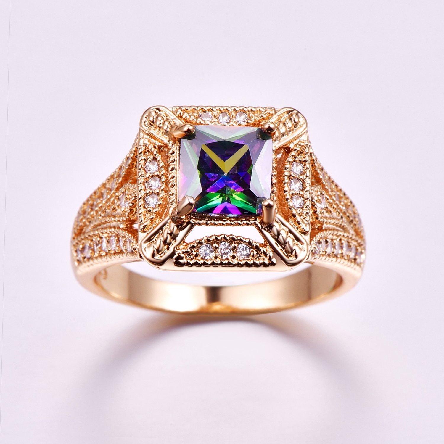Psiroy Yellow Gold Plated Created Rainbow Topaz Art Deco Statement Rings for Women Size 12