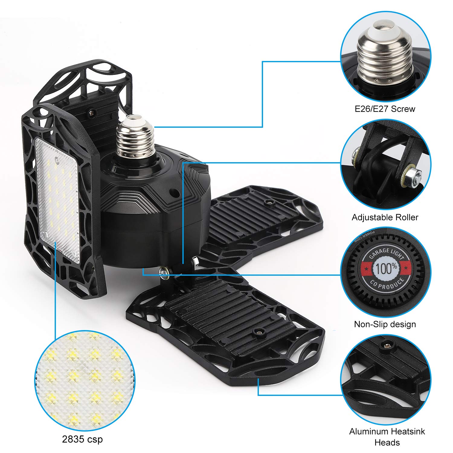 LED Garage Light 120W Super Bright Garage Ceiling Lights with 4 Adjustable Panels, E26 12000lm LED Ceiling Light Deformable Garage Led Light for Garage, Warehouse, Workshop, Basement, Gym