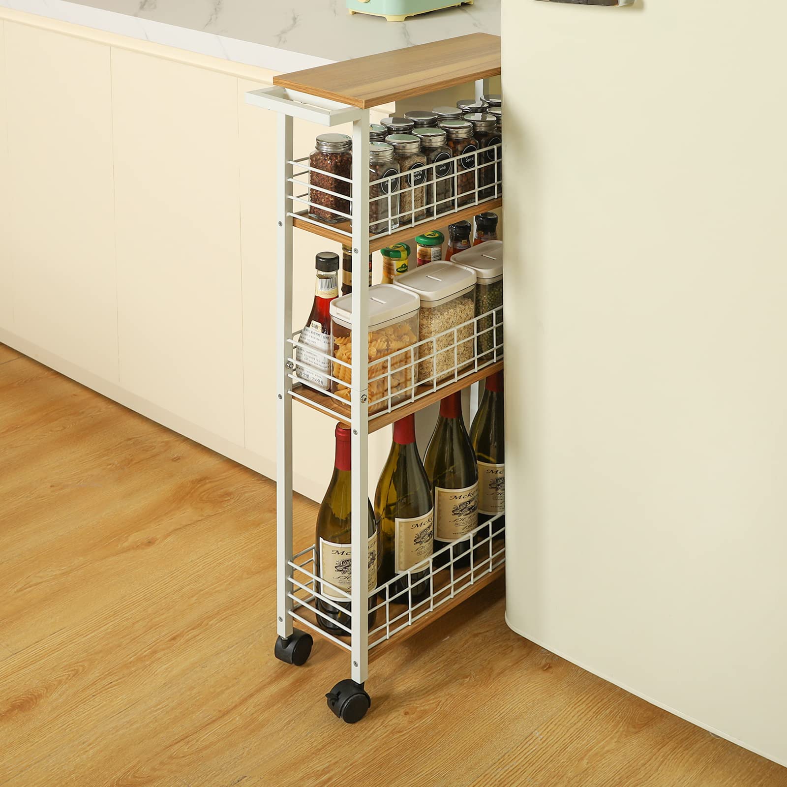 LUMAMU Slim Storage Cart for Small Spaces, 4 Tier Mobile Rolling Cart with Wheels Slide Out Storage Utility Shelves Cart with Wooden for Kitchen Bathroom (White)