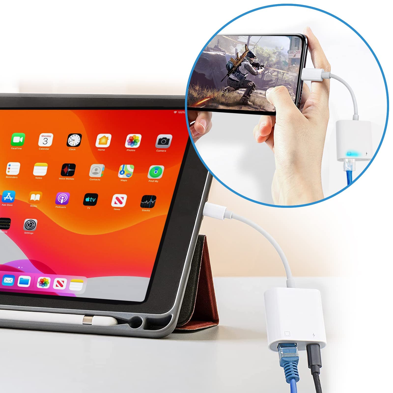 USB C USB A to Ethernet Adapter, Aluminum Portable USB-A USB C Adapter USB to RJ45 LAN 100M Network Adapter, 10/100Mbps Ethernet Speeds Compatible for MacBook Pro 2015, MacBook Air 2017, and More