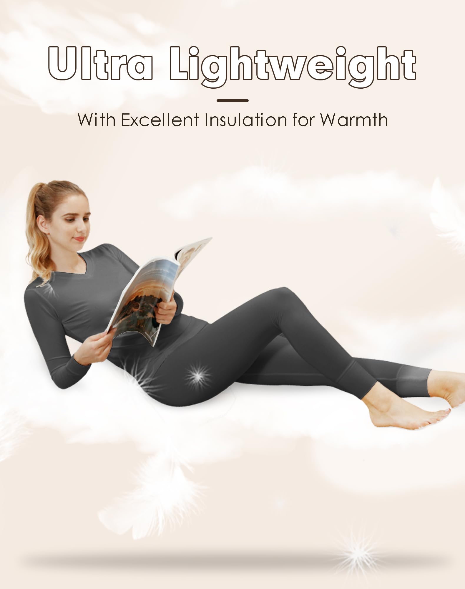 MANCYFIT Womens Thermal Underwear Long Johns Set with Fleece Lined Ultra Soft V Neck Dark Grey X-Large