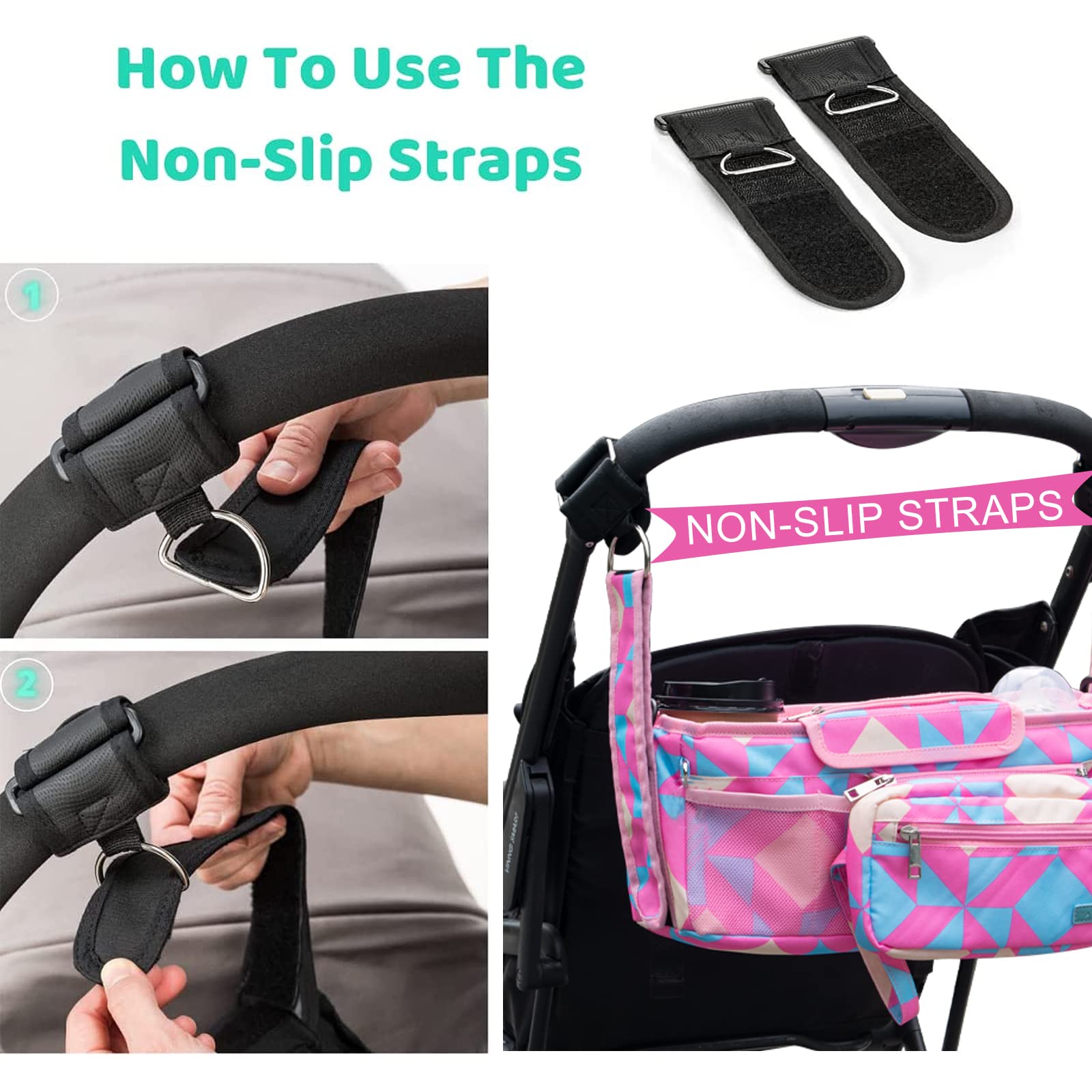 Universal Stroller Organizer,Non-Slip Stroller Caddy with Insulated Cup & Holder Detachable Zipper Bag Phone Bag,Fits for Nearly Any Strollers
