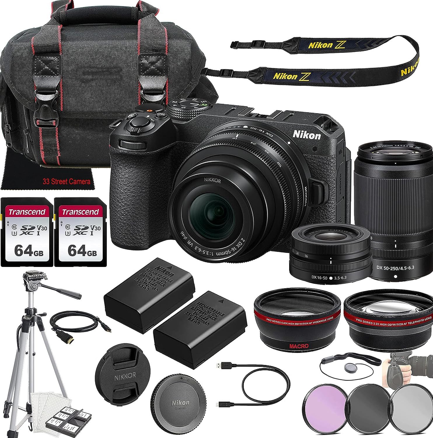 Nikon Z30 Mirrorless Camera w/NIKKOR Z DX 16-50mm f/3.5-6.3 VR Lens + NIKKOR Z DX 50-250mm f/4.5-6.3 VR Lens + 128GB Memory + Case + Tripod + 3 Piece Filter Kit + More (35pc Bundle)