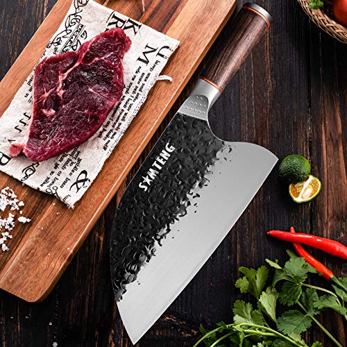 SMTENG Effort Saving Kitchen Knife 8 inch-High Carbon Clad Steel Hammered Chinese Knife with Pakkawood Handle,Butcher Meat Cleaver knives Vegetable Cutting Slicing Knife