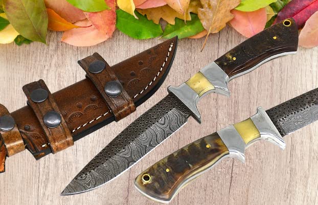 PSK83 - Handmade Damascus Hunting Knife Ram Horn Handle Full Tang Fire & Raindrop Patter - (PSK-83)