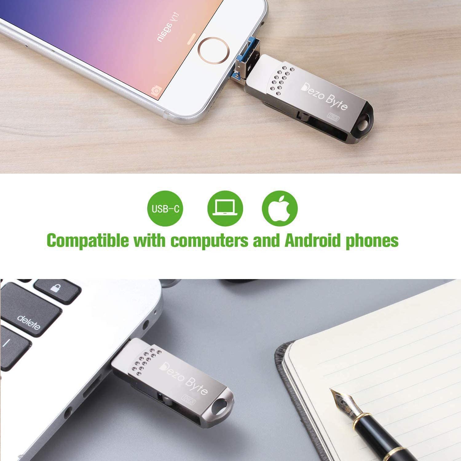 USB Flash Drive 128GB 3in1 for i Phone Photo Stick Android USB C Thumb Drive External Storage Compatible i Phone Pad Pro MacBook Android USB C Computer Black DDPG-128GB