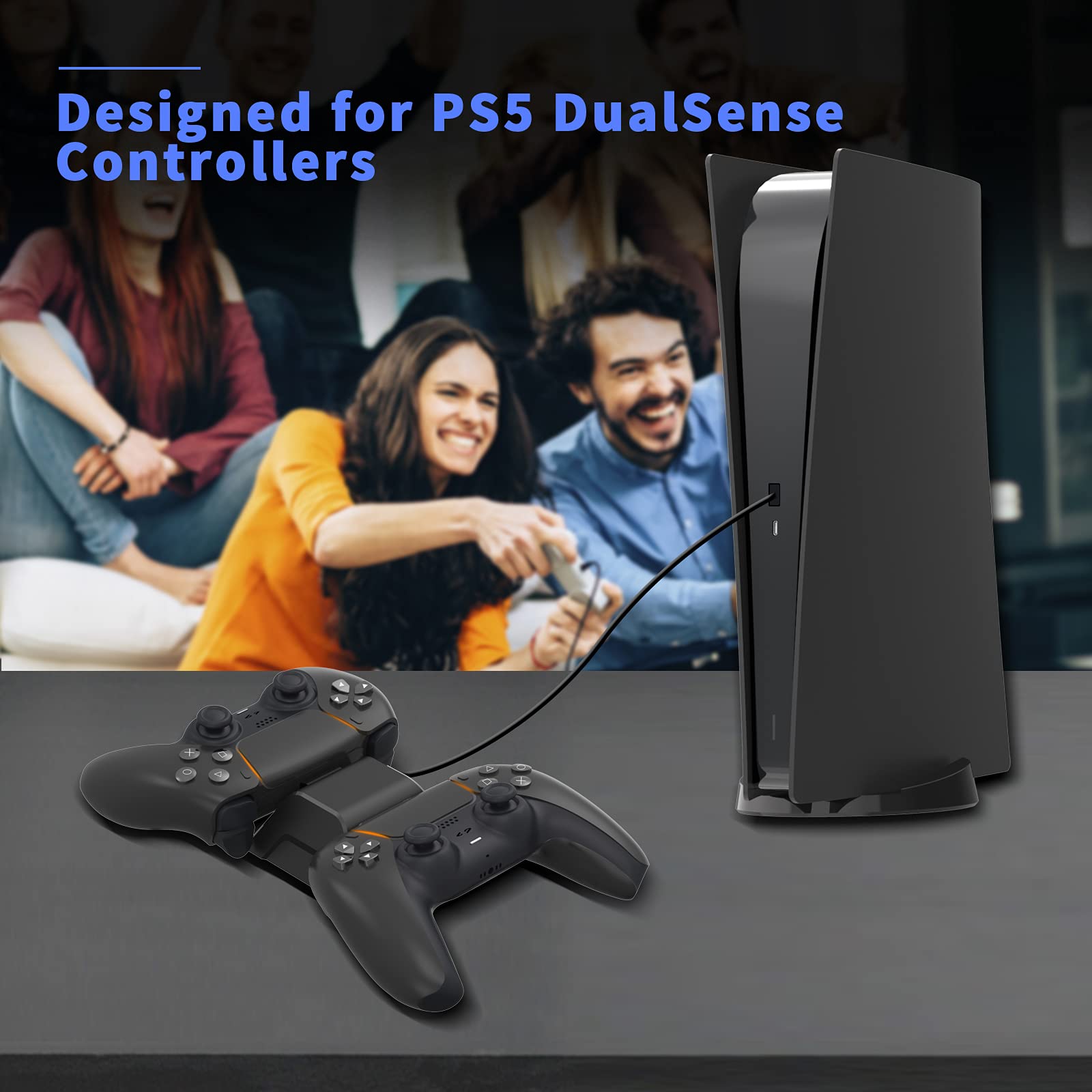 NexiGo PS5 Controller Charger with Lights, [Minimalist Design], Dual Charging Station with LED Indicator, Portable & Lightweight Charging Dock for Sony PlayStation 5 Dualsense Controllers, Black