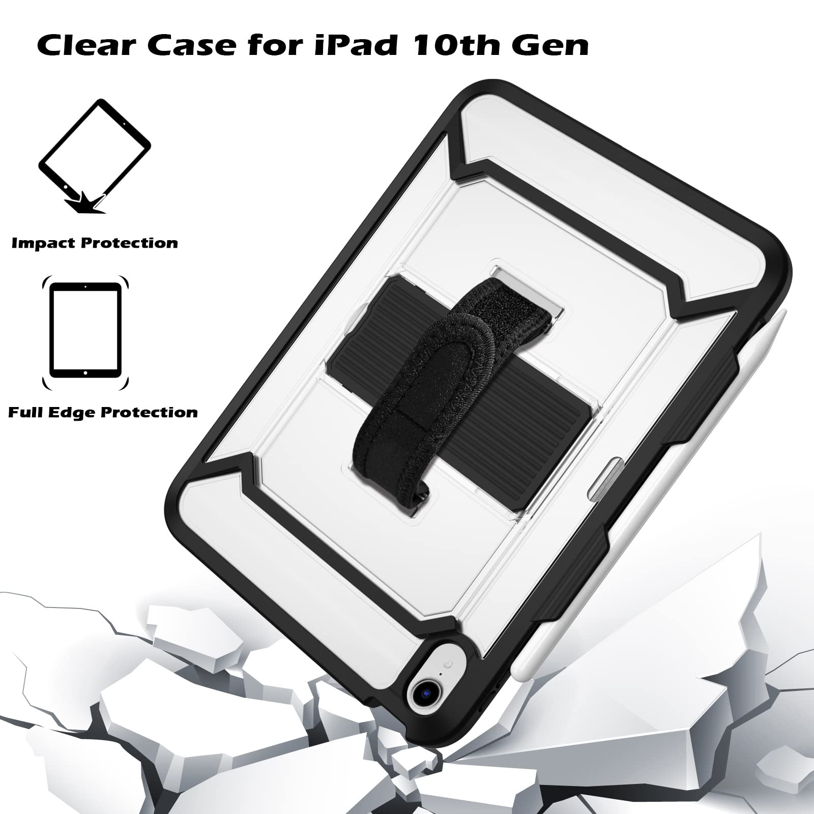 ZPU iPad 10th Generation Case Clear 2022, iPad 10.9 Inch Case with Built-in Screen Protector & Hand Strap, Pencil Holder & Kickstand, Black Frame & Transparent Back, Shockproof iPad 10th Gen Case
