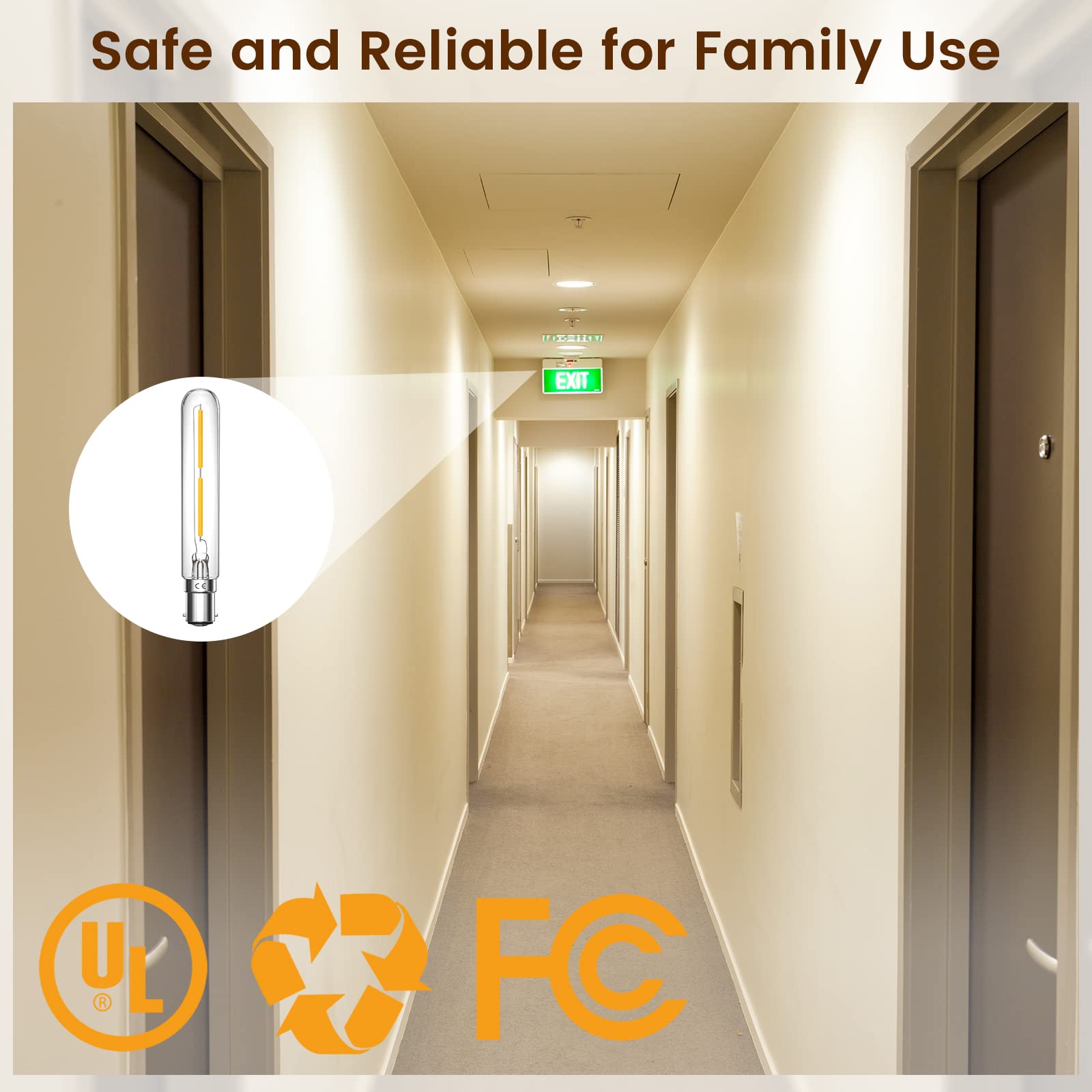 Luxvista 2W Dimmable LED T6.5 Tubular Filament Bulb - BA15D Double Contact Bayonet Base Appliance LED Lights 20W Equivalent for Exit Sign Light Chandeliers 120V Warm White 2700K (3-Pack)