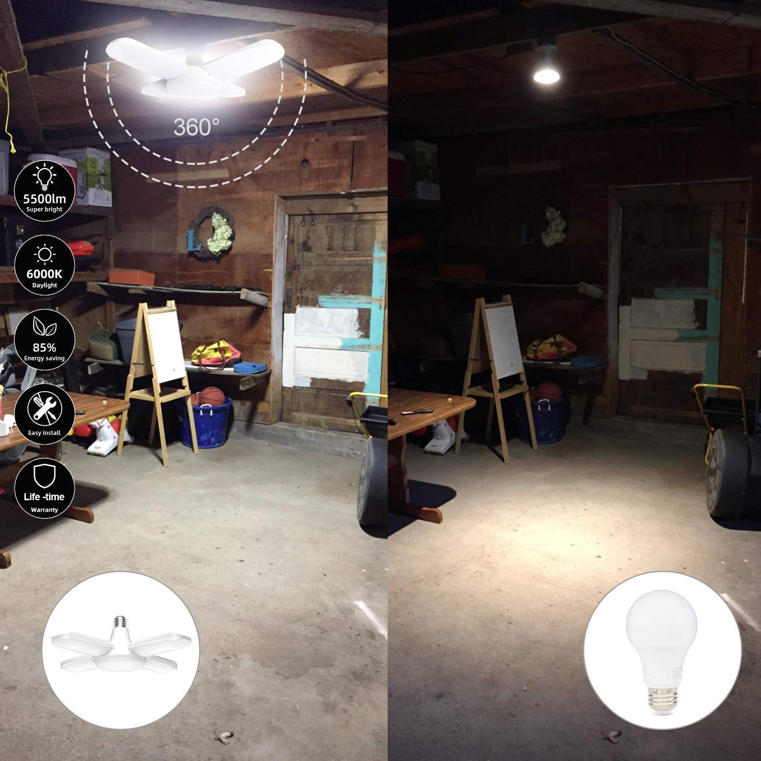 LED Garage Lights 60W Deformable Garage Ceiling Lighting E26 6000LM Daylight LED Light Bulbs Adjustable Led Shop Lights Super Bright Working Light Garage Workshop Barn Warehouse Basement (60W-1Pack)